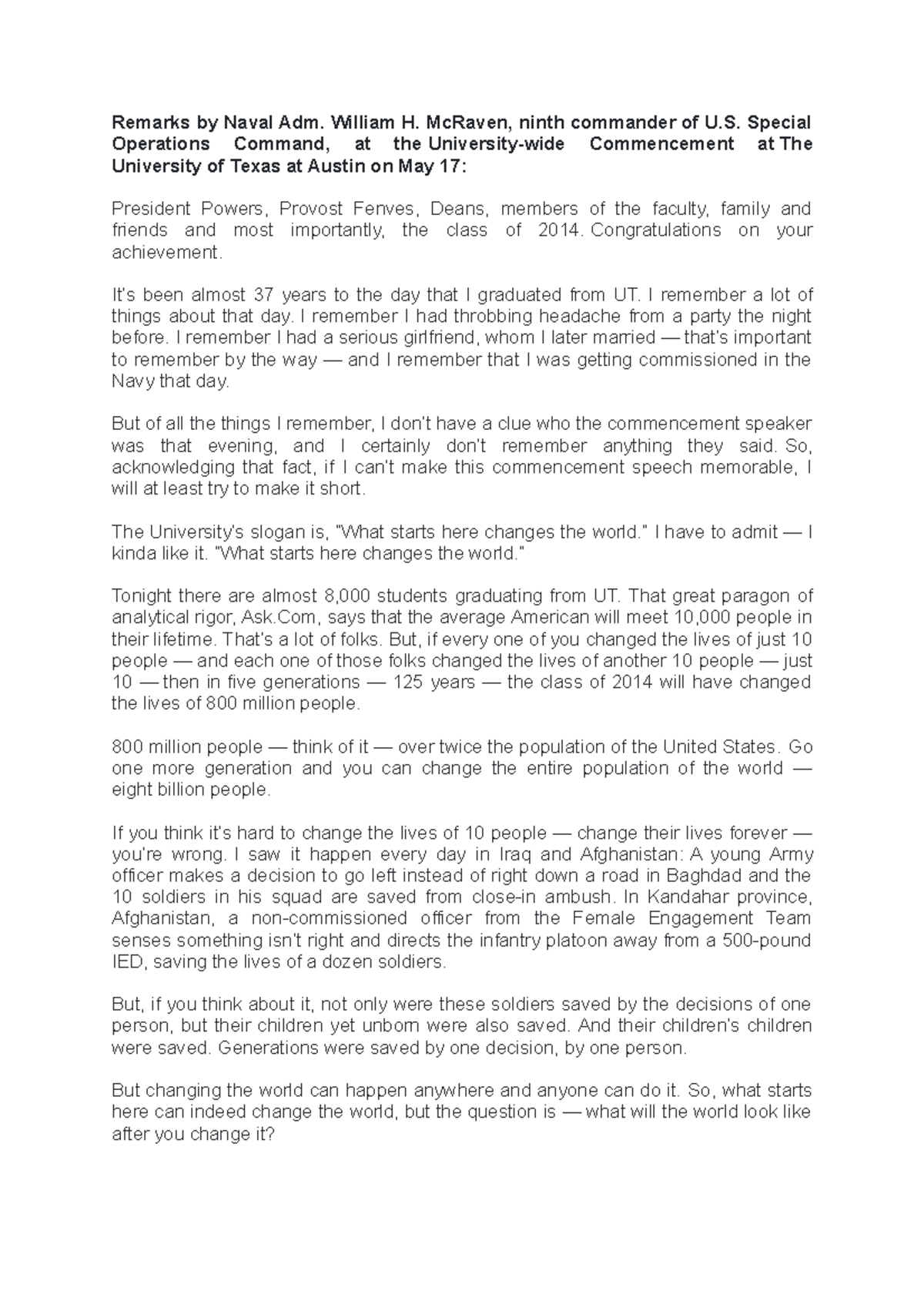 Speech of Naval Adm. William H. Mc Raven - Remarks by Naval Adm ...