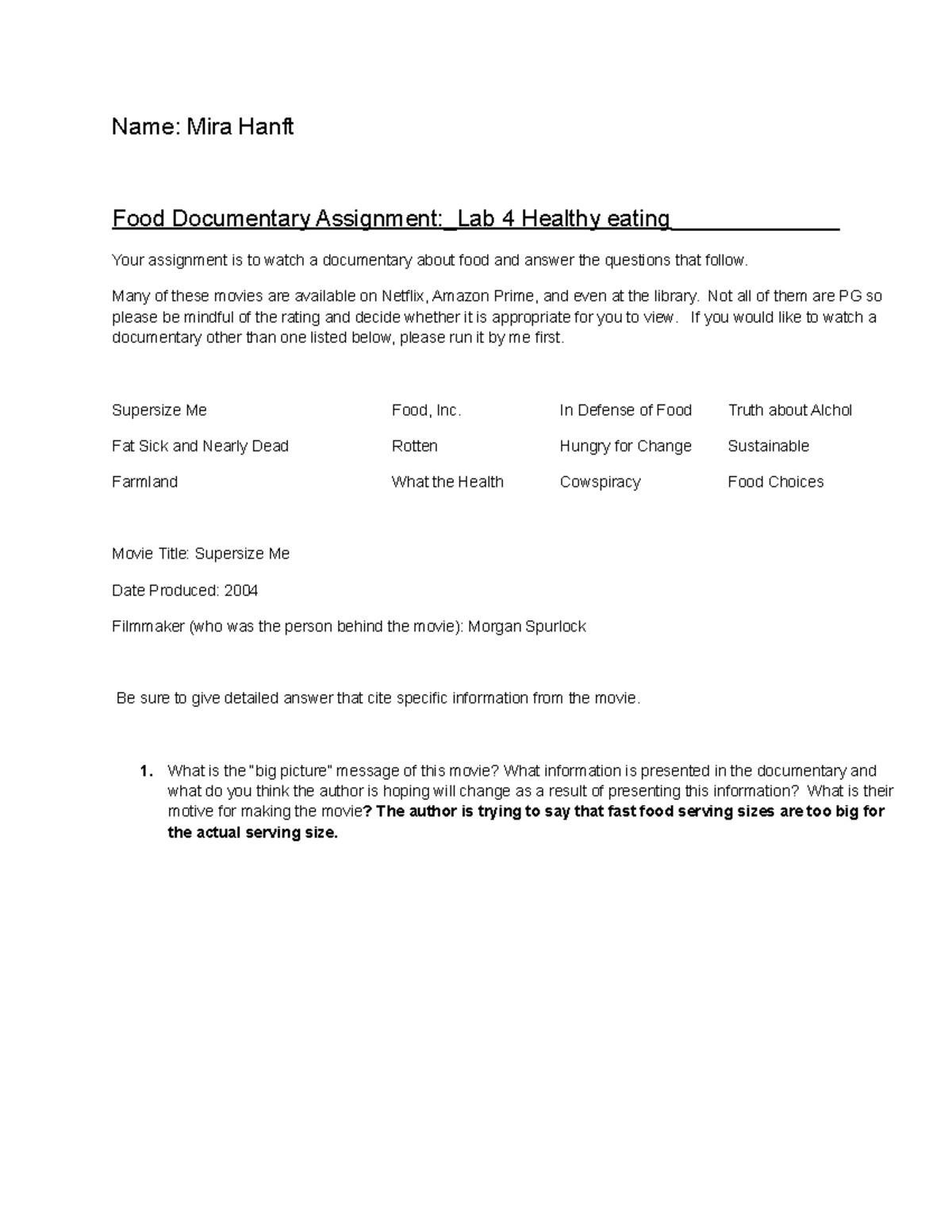4 lab food documentary assignment - Name: Mira Hanft Food Documentary ...