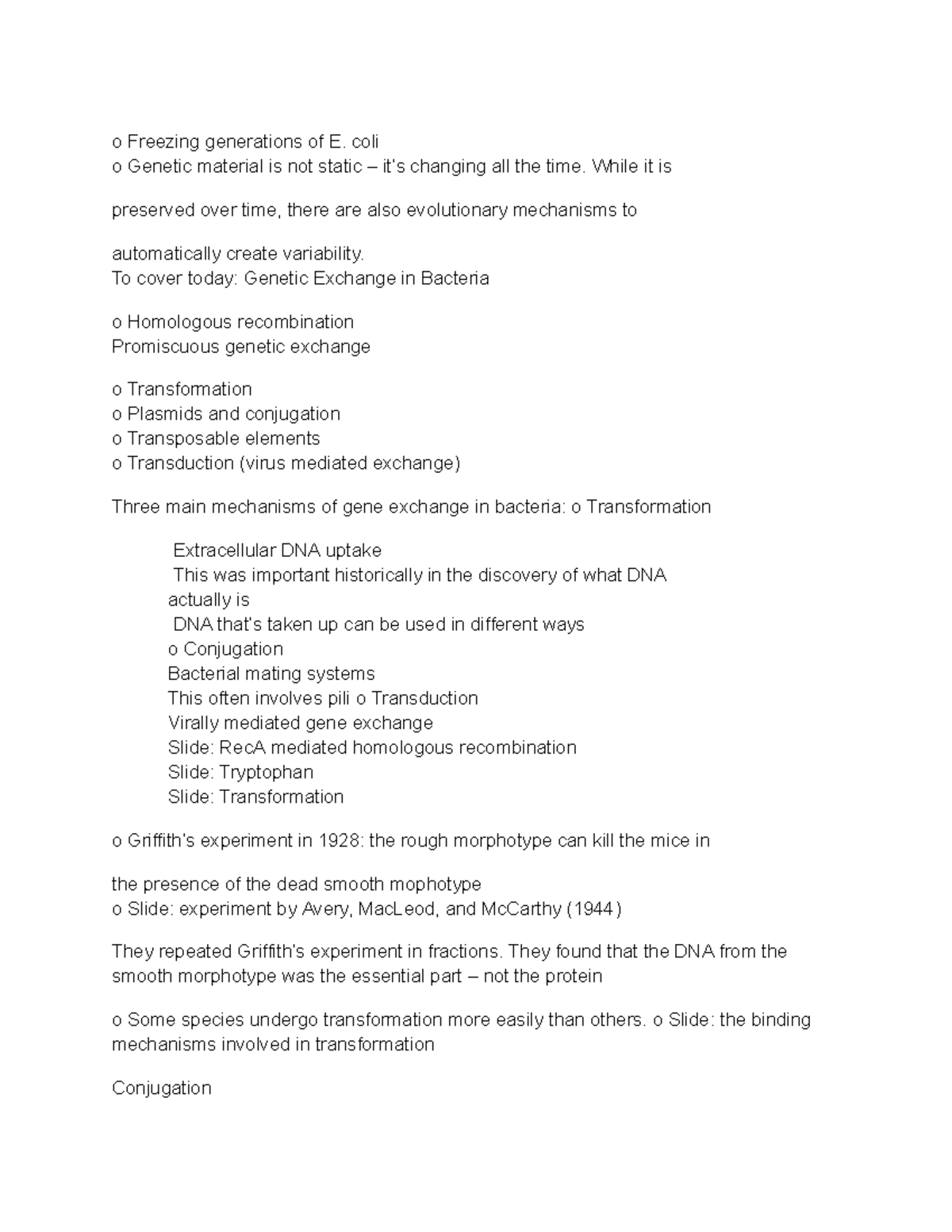 Micro Bio Notes 21 - o Freezing generations of E. coli o Genetic ...