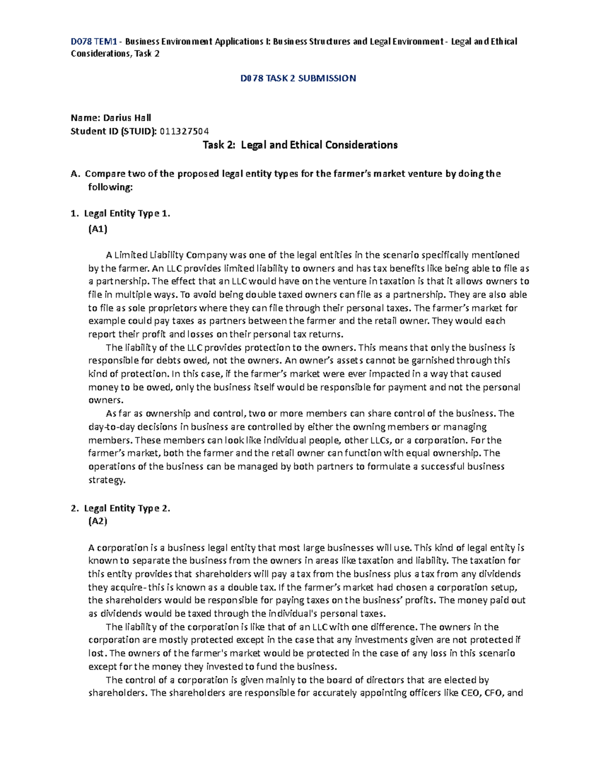 D078 Task 2 Template - D078 Task 2 - D078 TEM1 - Business Environment ...