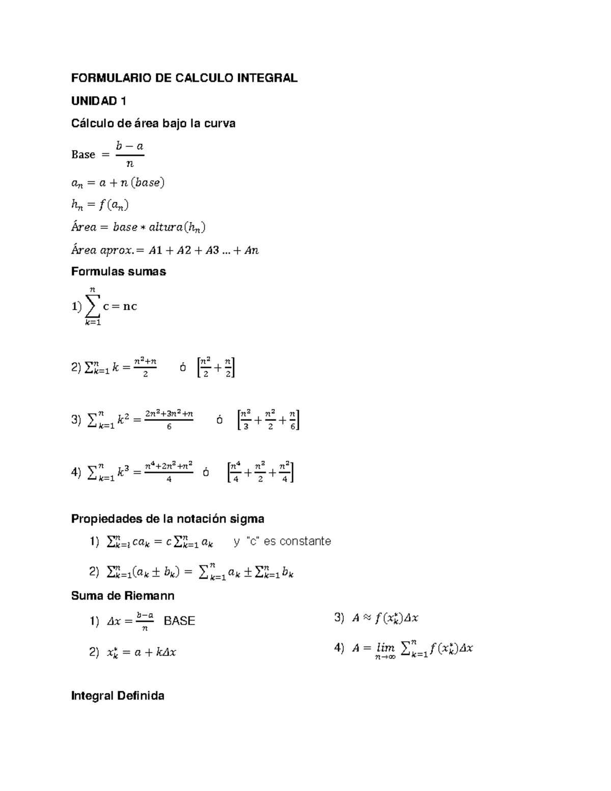 Formulario Calculo Integral - FORMULARIO DE CALCULO INTEGRAL UNIDAD 1 ...