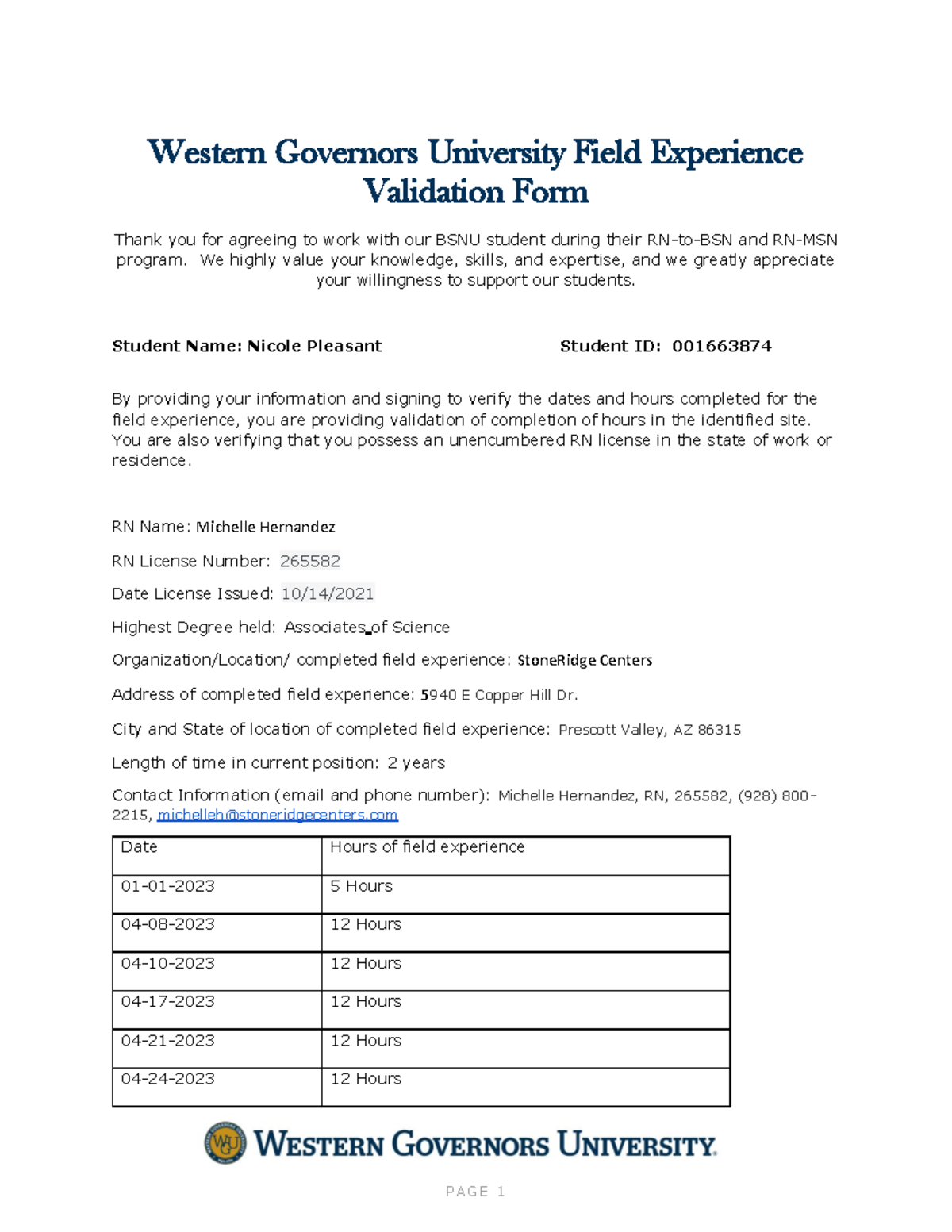 Field Experience Validation Form - P A G E 1 Western Governors ...