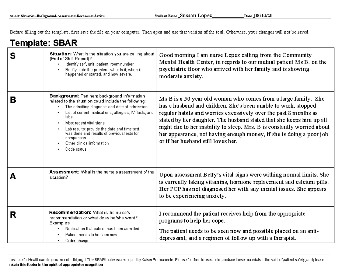 Slopez Wk 12 SBAR - SBAR - SBAR: Situation-Background-Assessment ...