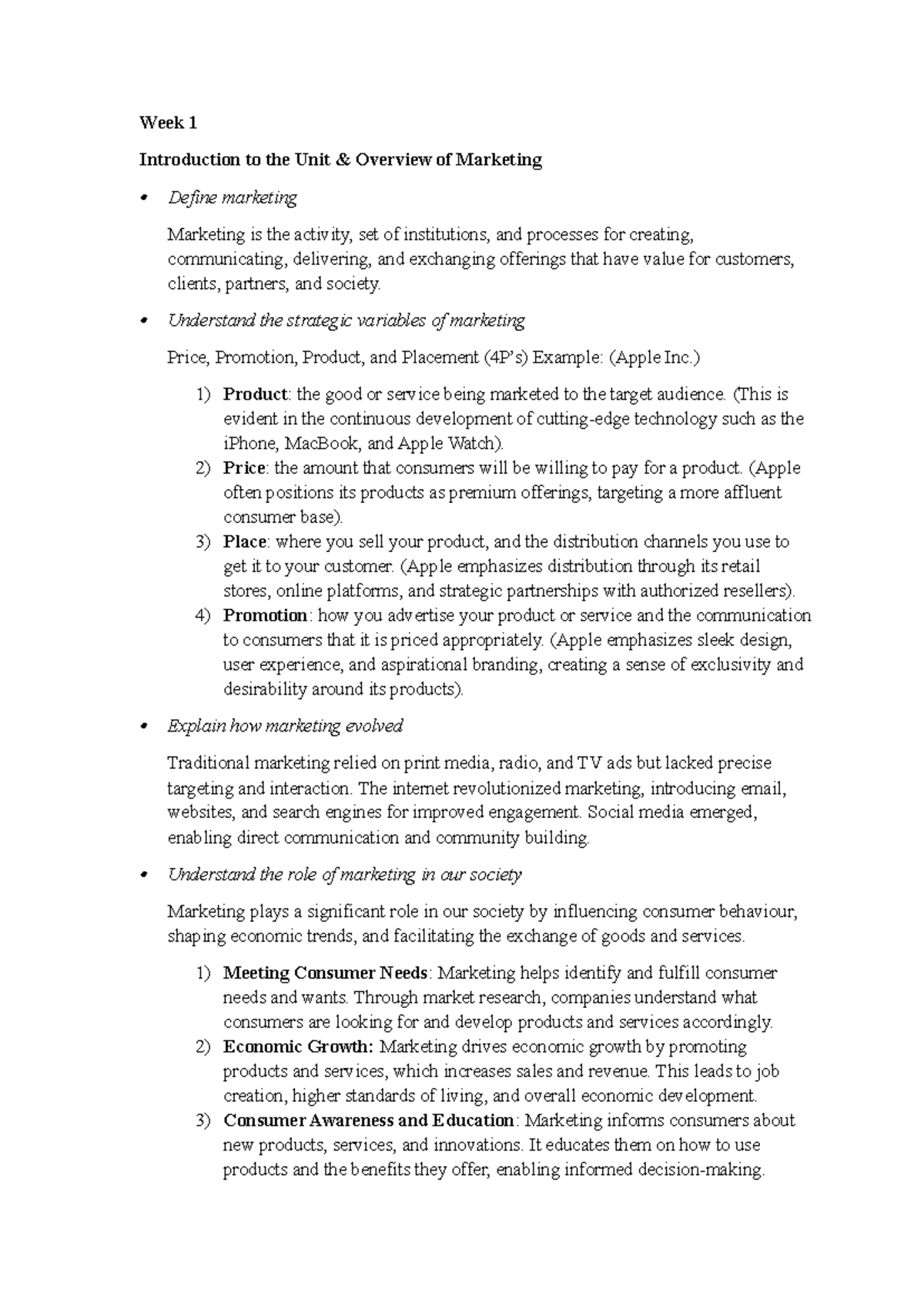 Week 1 - Introduction to the Unit & Overview of Marketing - Week 1 Introduction to the Unit ...