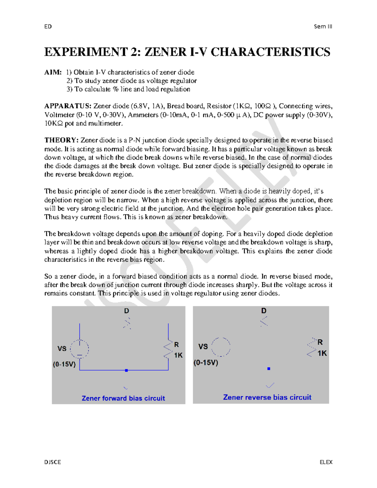 Ed expt 02 - Zener Diode - EXPERIMENT 2: ZENER I-V CHARACTERISTICS AIM: 1) Obtain I-V - Studocu