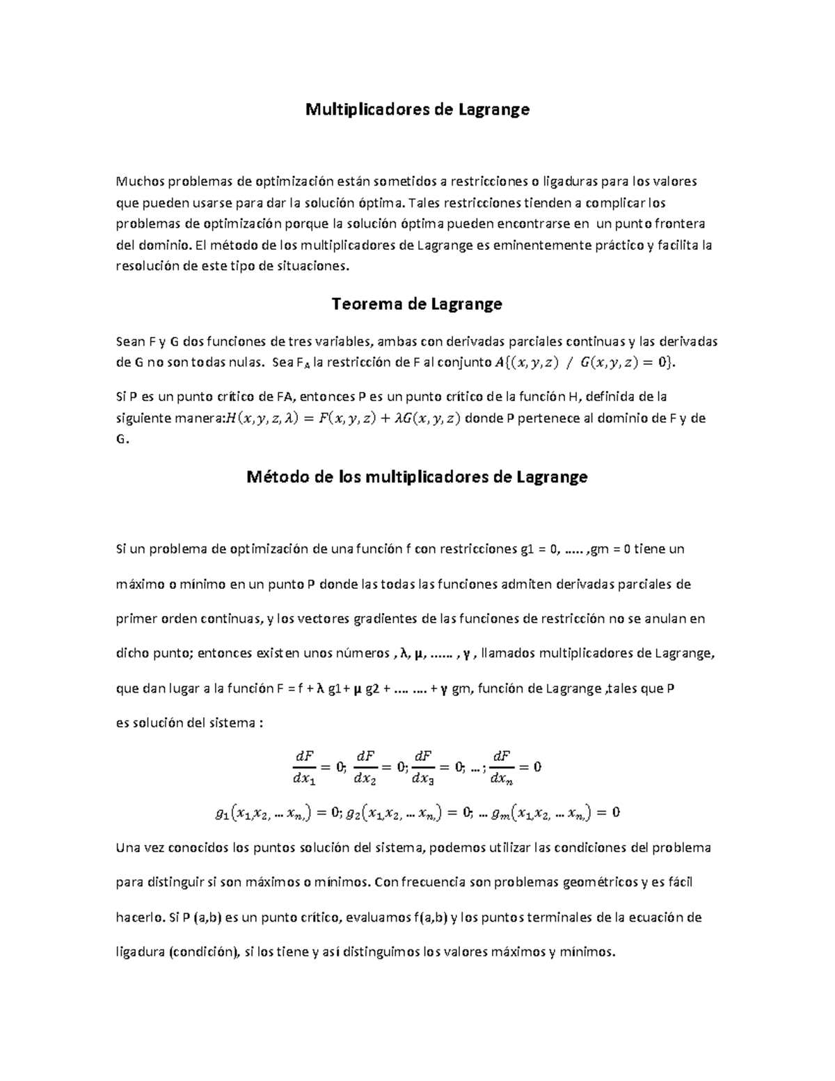 T - 7 Multiplicadores de Lagrange - Multiplicadores de Lagrange Muchos problemas de optimización ...