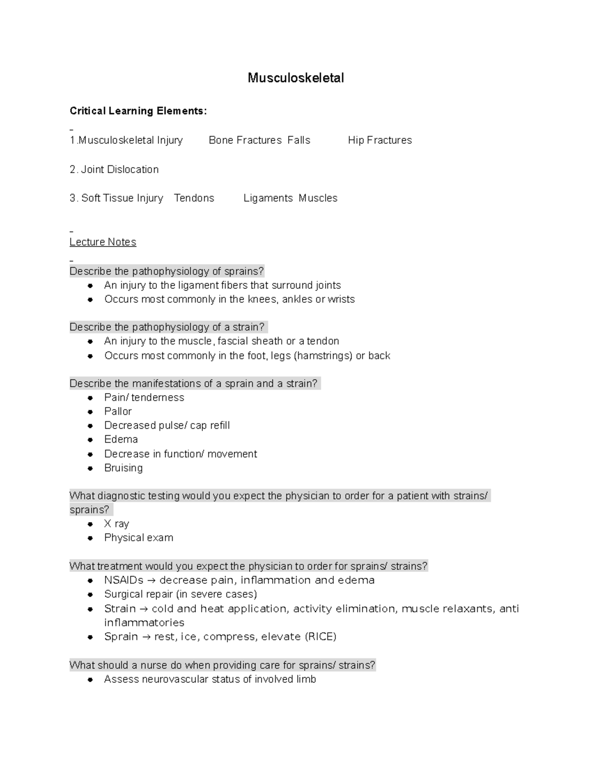 Musculoskeletal Notes - Musculoskeletal Critical Learning Elements: 1 ...