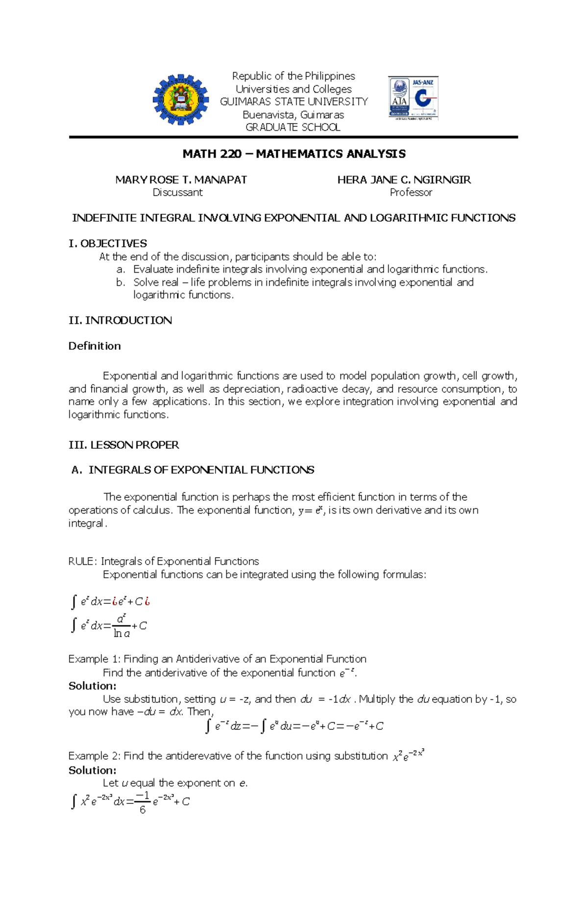 Math 220 indefinite integrals involving logarithmic and exponential ...