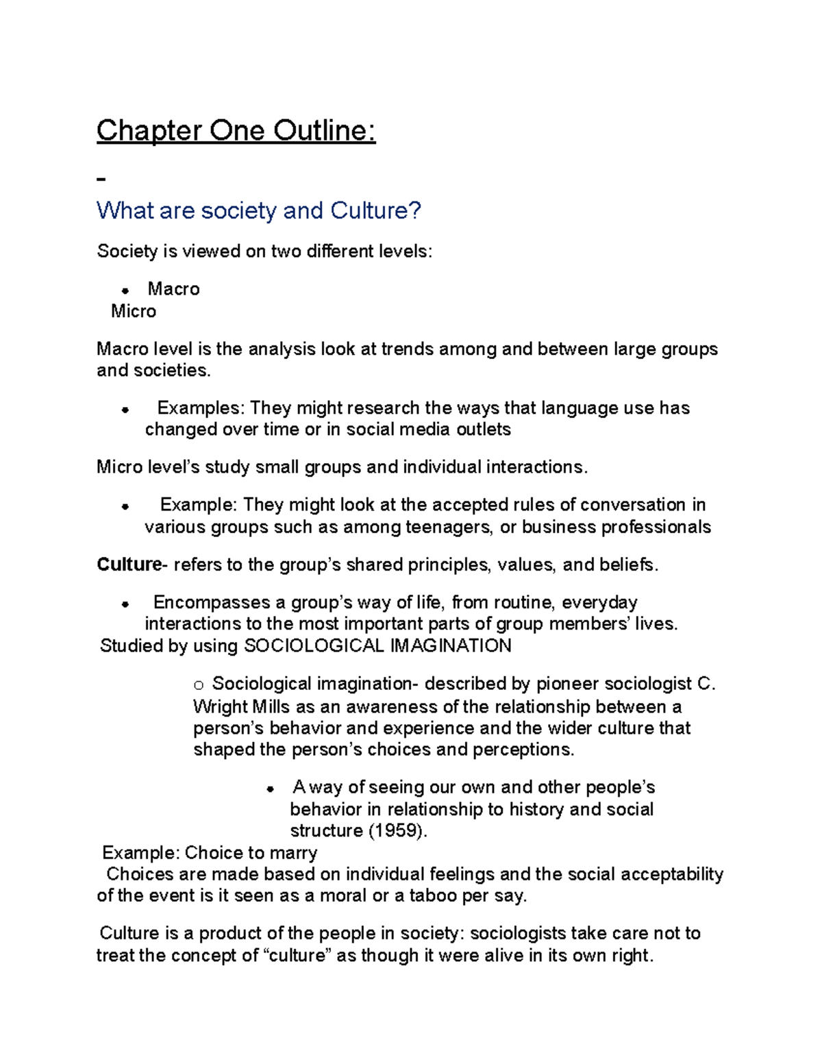 Chapter One Outline - Chapter One Outline: What are society and Culture ...