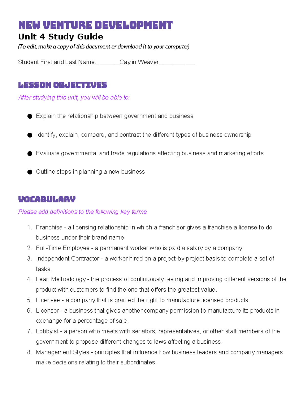 Copy of NEW VENT - Unit 4 Study Guide - New Venture Development Unit 4 ...