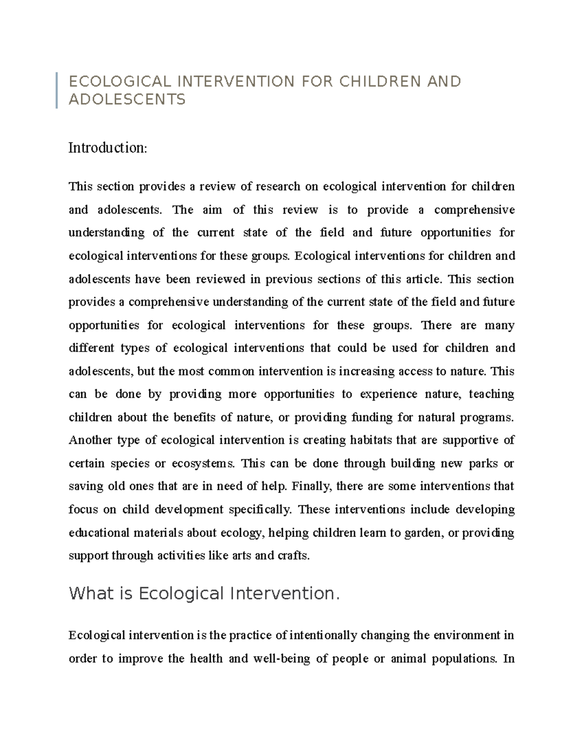 Ecological Intervention FOR Children AND Adolescents - ECOLOGICAL ...