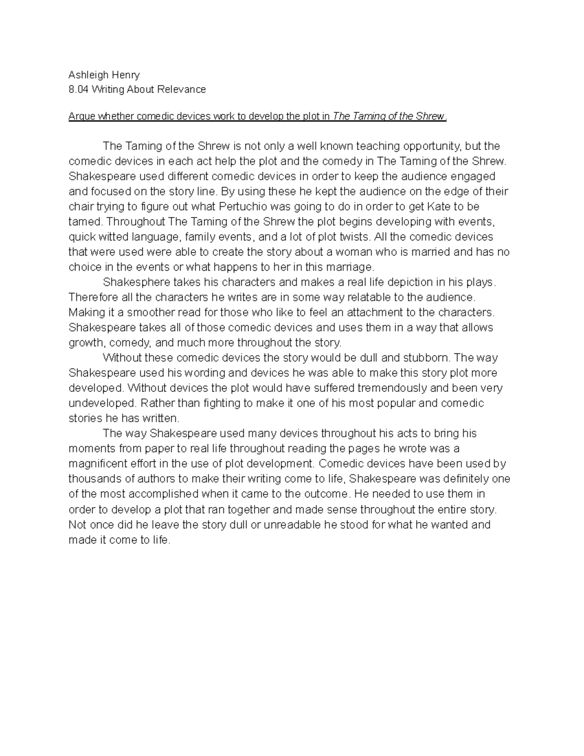 Relevance of the taming of the shrew - Ashleigh Henry 8 Writing About ...