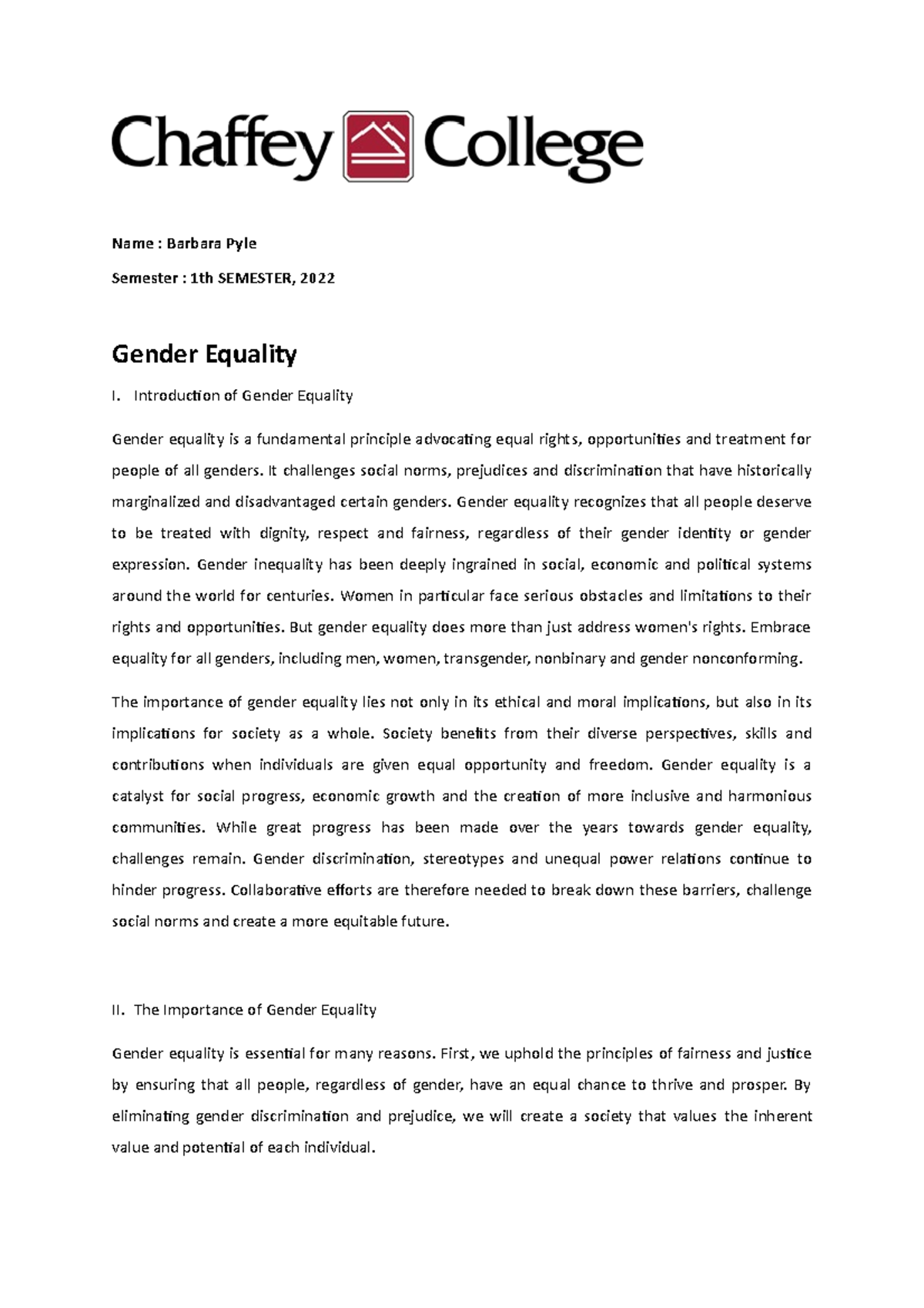 Gender Equality - Name : Barbara Pyle Semester : 1th SEMESTER, 2022 ...