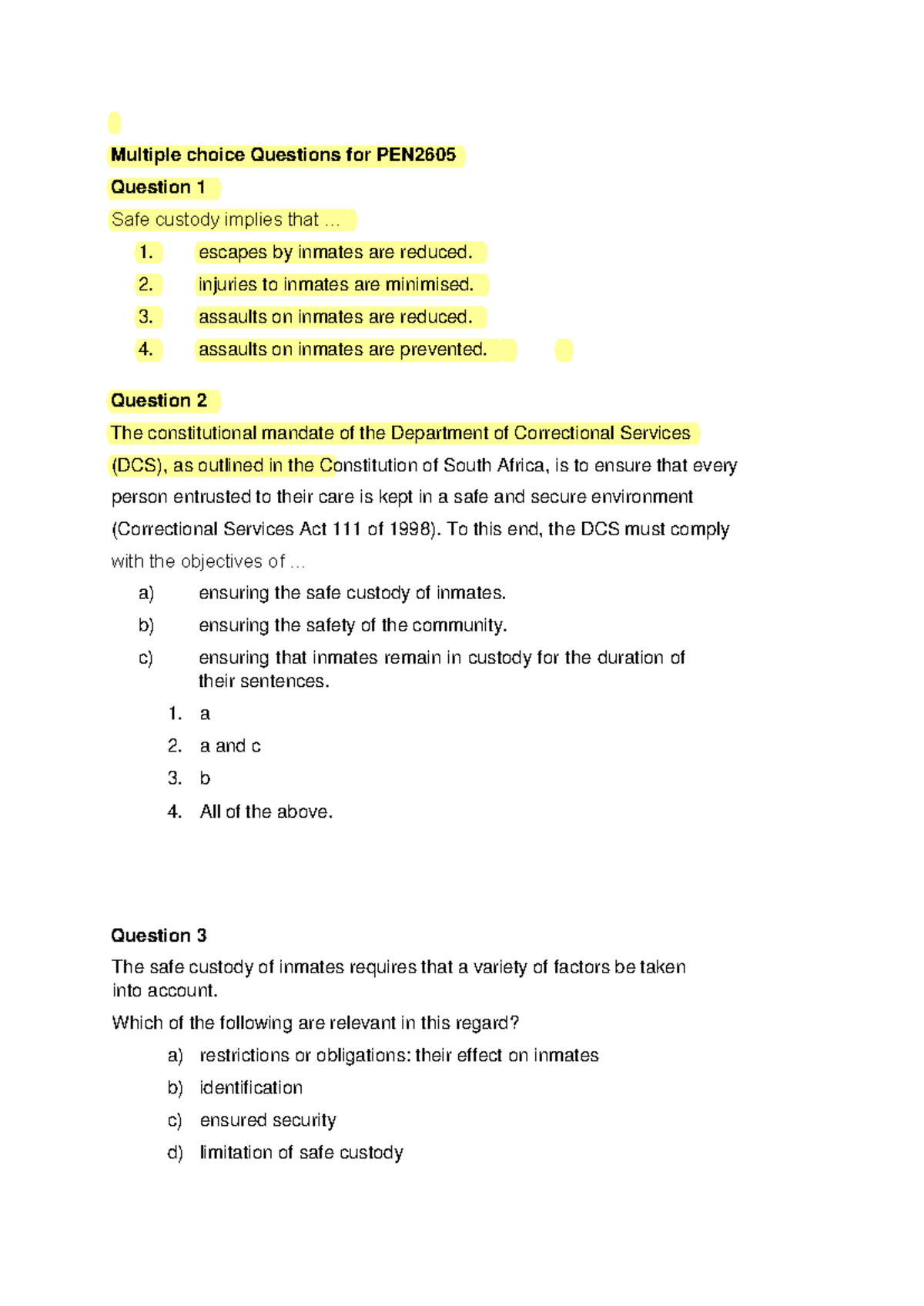 Multiple choice Questions for PEN2605 - Multiple choice Questions for ...
