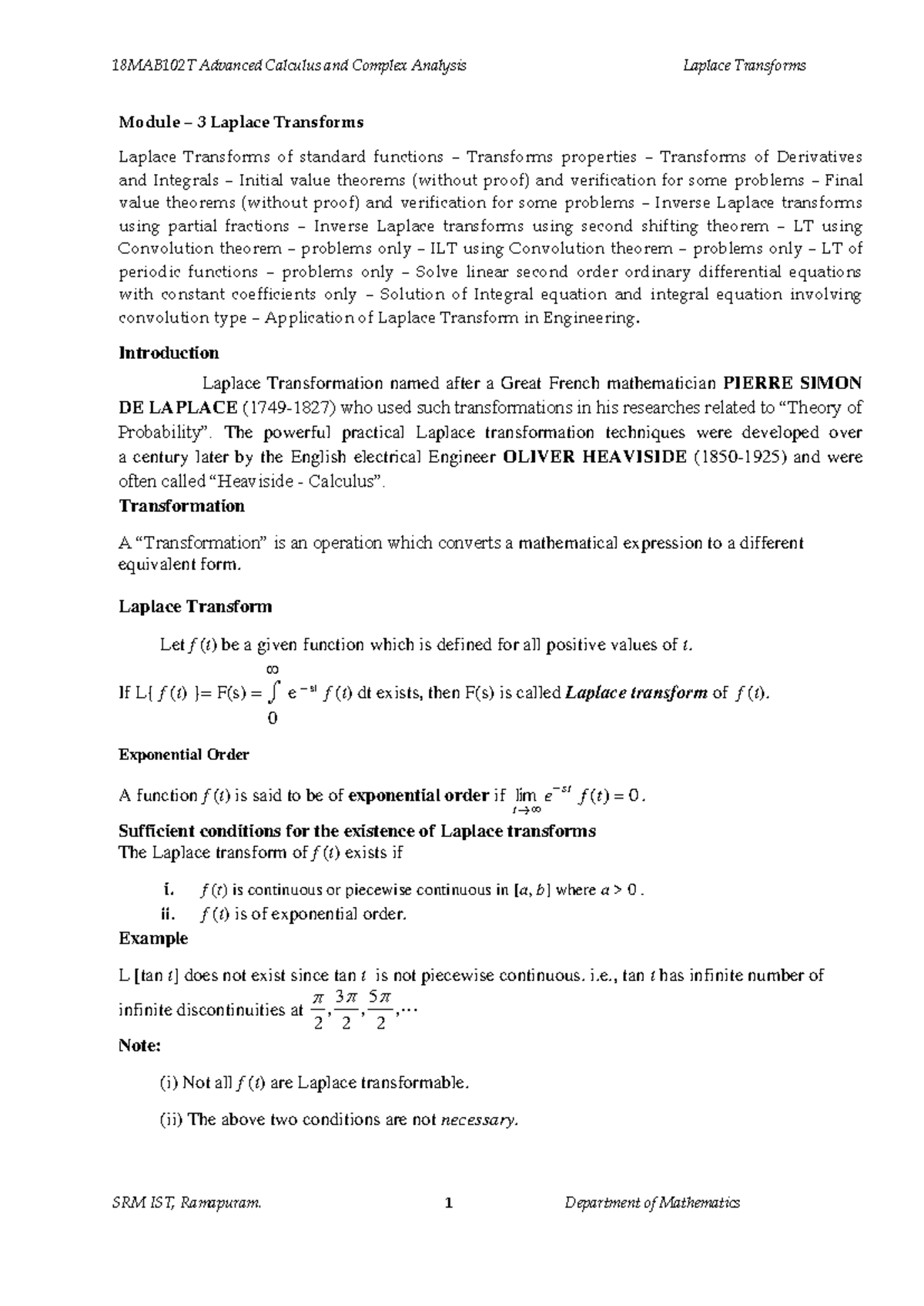 Unit 3 - Laplace Transforms - Module – 3 Laplace Transforms Laplace Transforms of standard ...