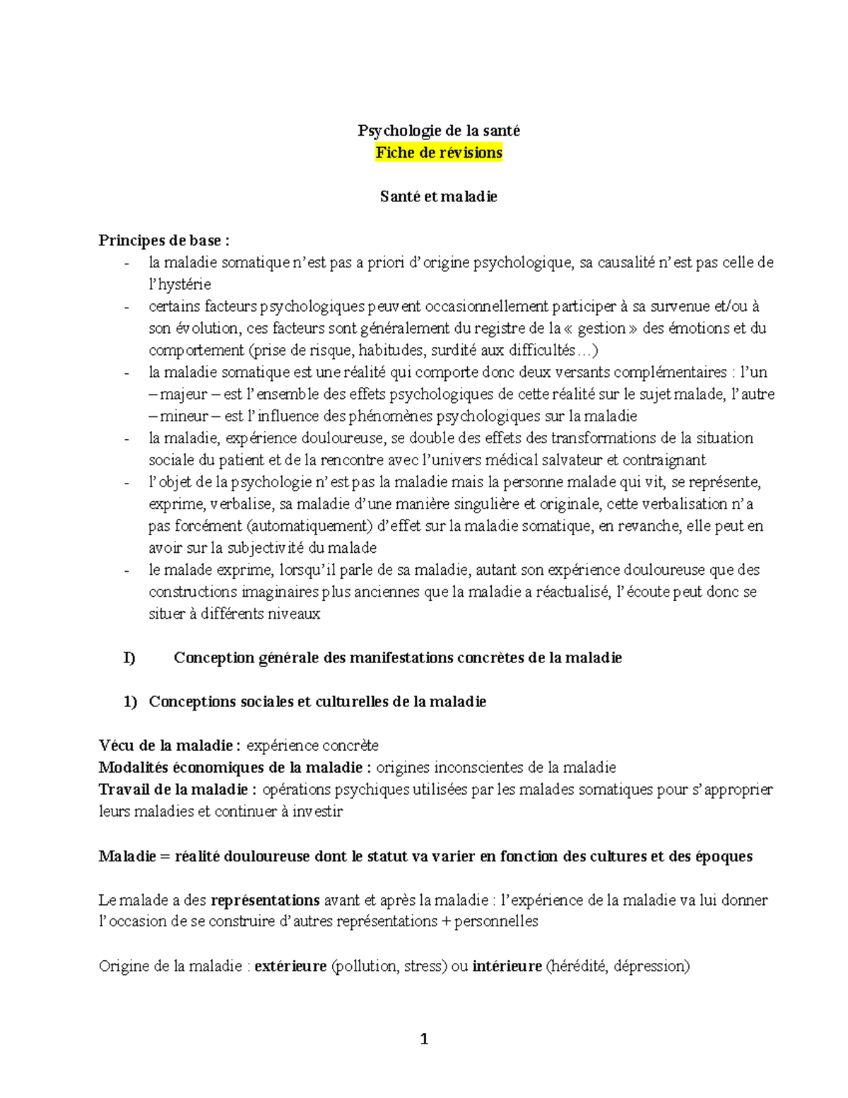 Fiche de révision psychologie de la santé - Psychologie de la santé ...