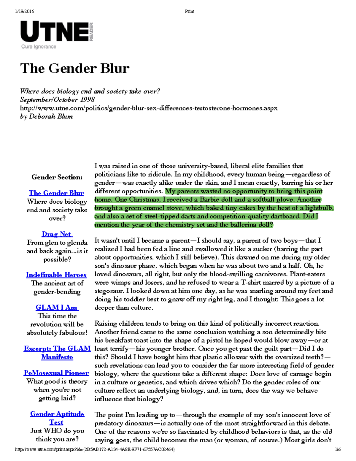 Gender BLUR BY Deborah BLUM Article - Gender Section: The Gender Blur ...