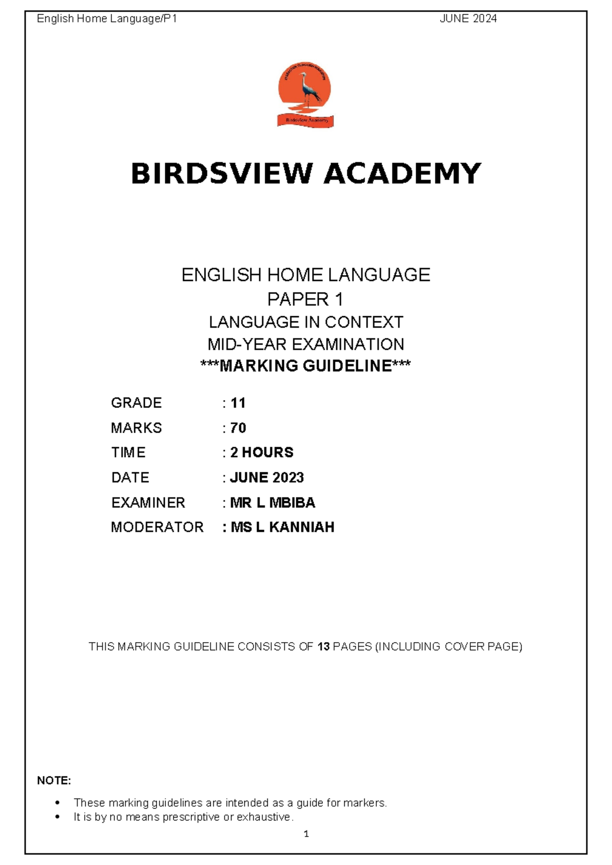 GR11 ENG HL Paper 1 JUNE 2023 Marking Guideline - BIRDSVIEW ACADEMY ...