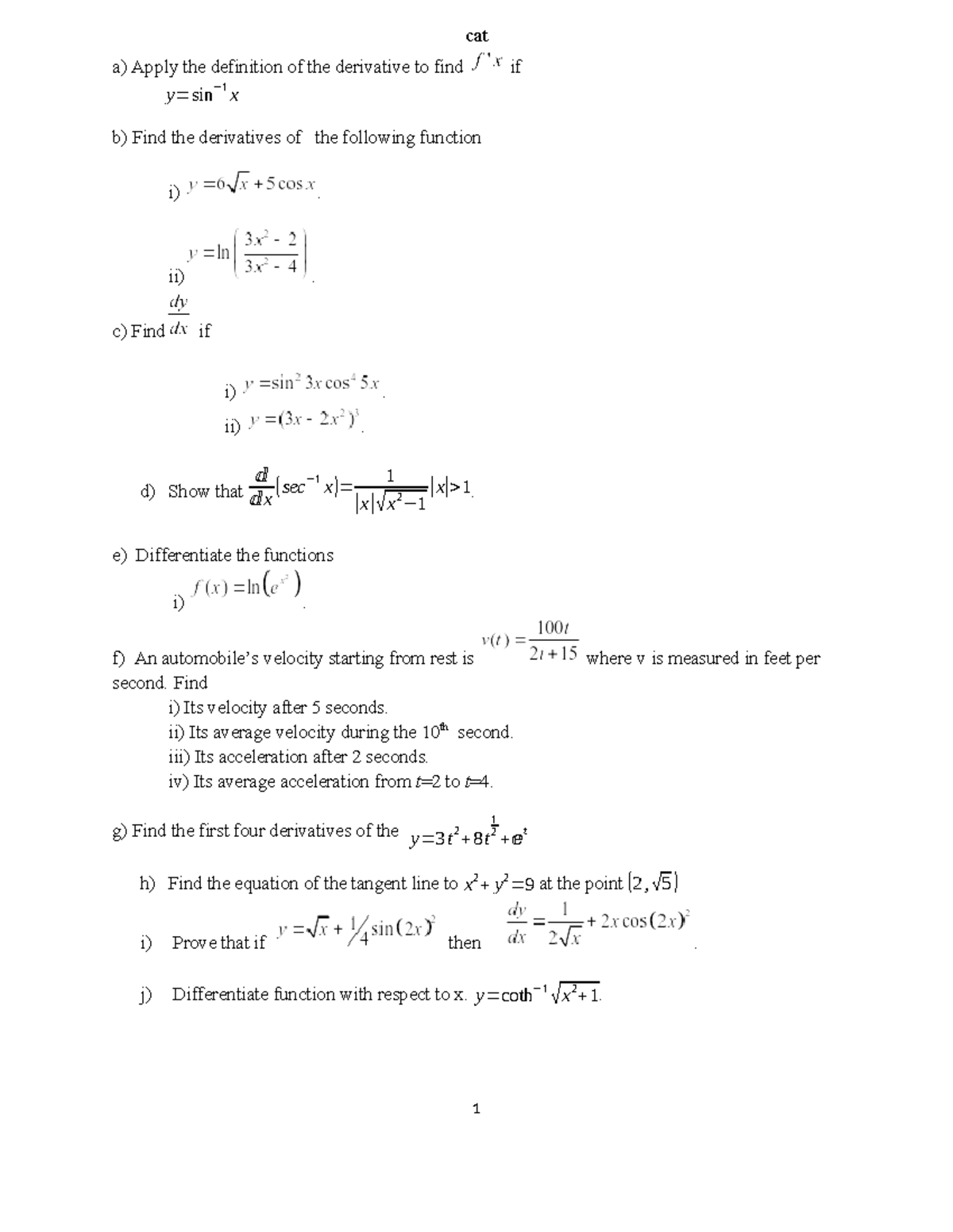 BMA1102 Calculus 1 cat - cat a) Apply the definition of the derivative ...