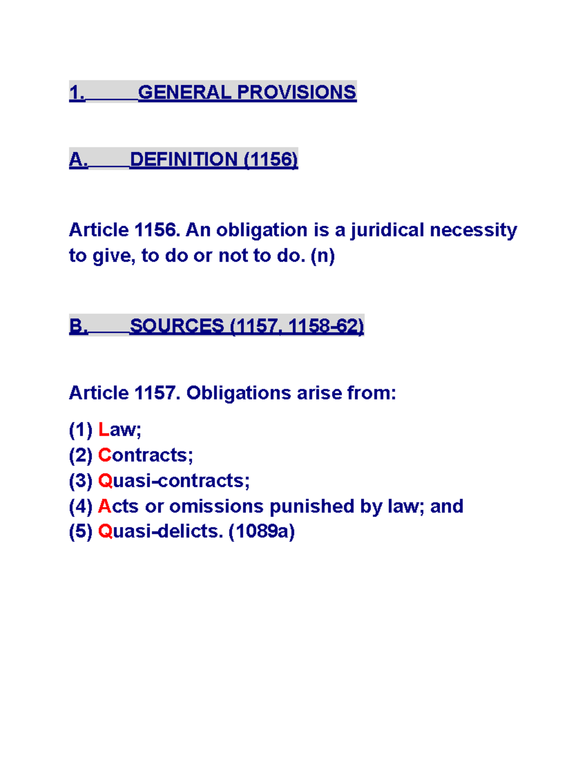 Civil Code 1156 to 1192 - 1. GENERAL PROVISIONS A. DEFINITION (1156 ...
