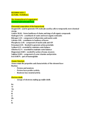 BIO10004 WEEK 1 Lectures - BIO10004 WEEK 1 LECTURES 1 UNIT INTRODUCTION Anatomy – science of ...