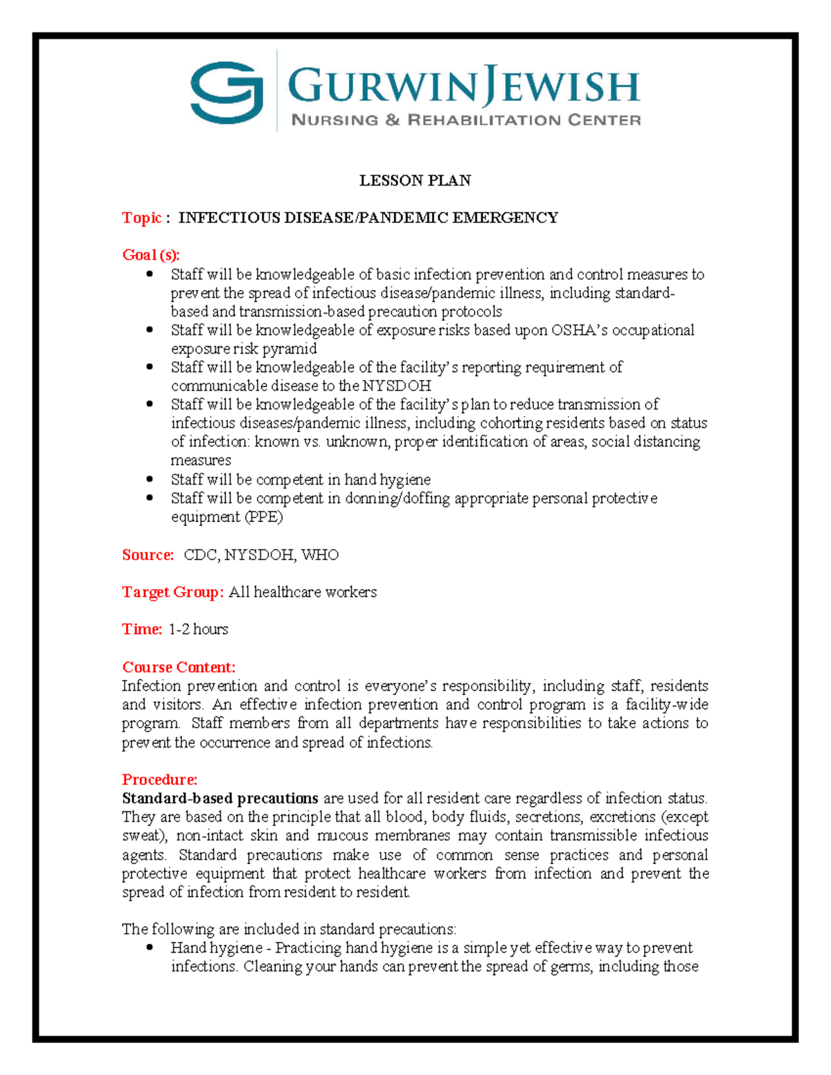 Infectious Disease Pandemic Emergency Lesson Plan - LESSON PLAN Topic ...