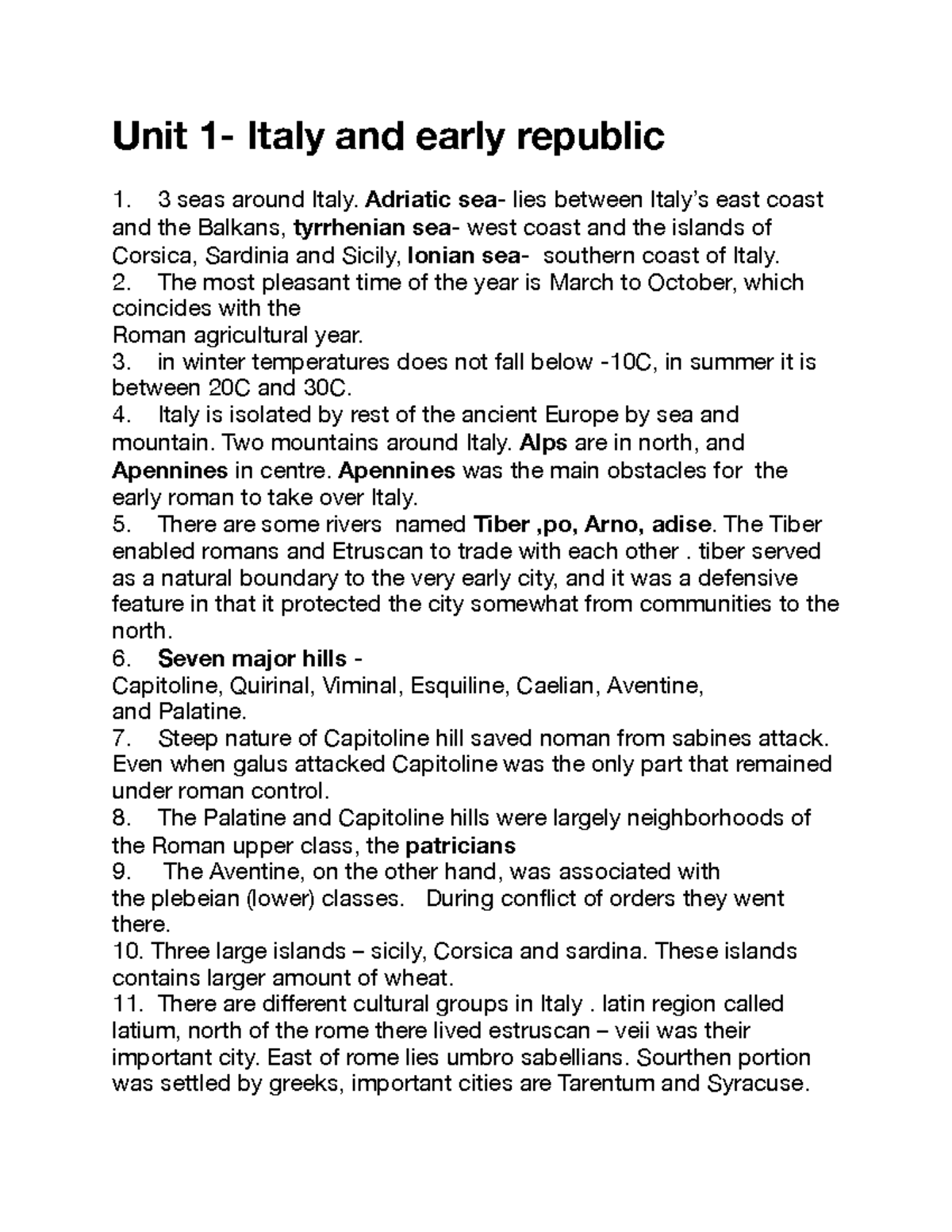 Final exam notes 2 - Unit 1- Italy and early republic 3 seas around ...