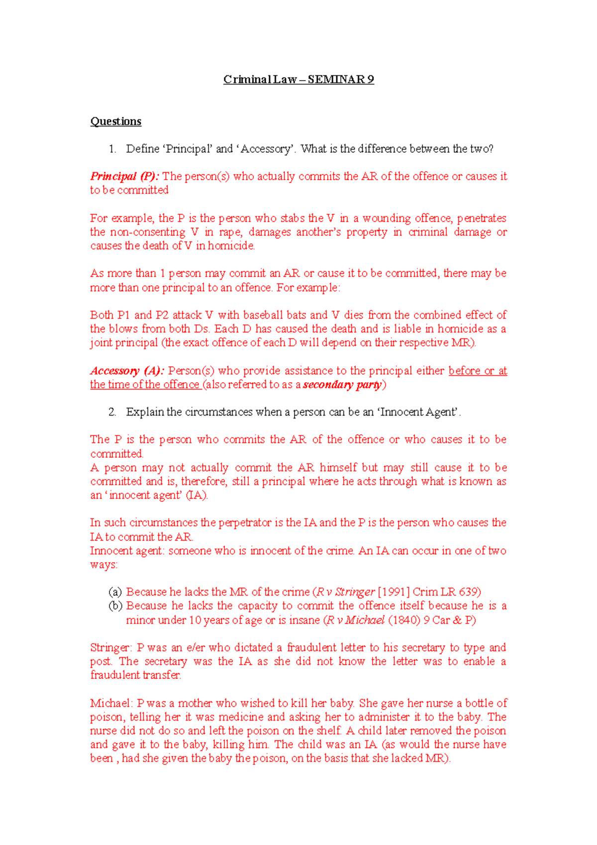 Parties to a crime seminar - Criminal Law – SEMINAR 9 Questions Define ...