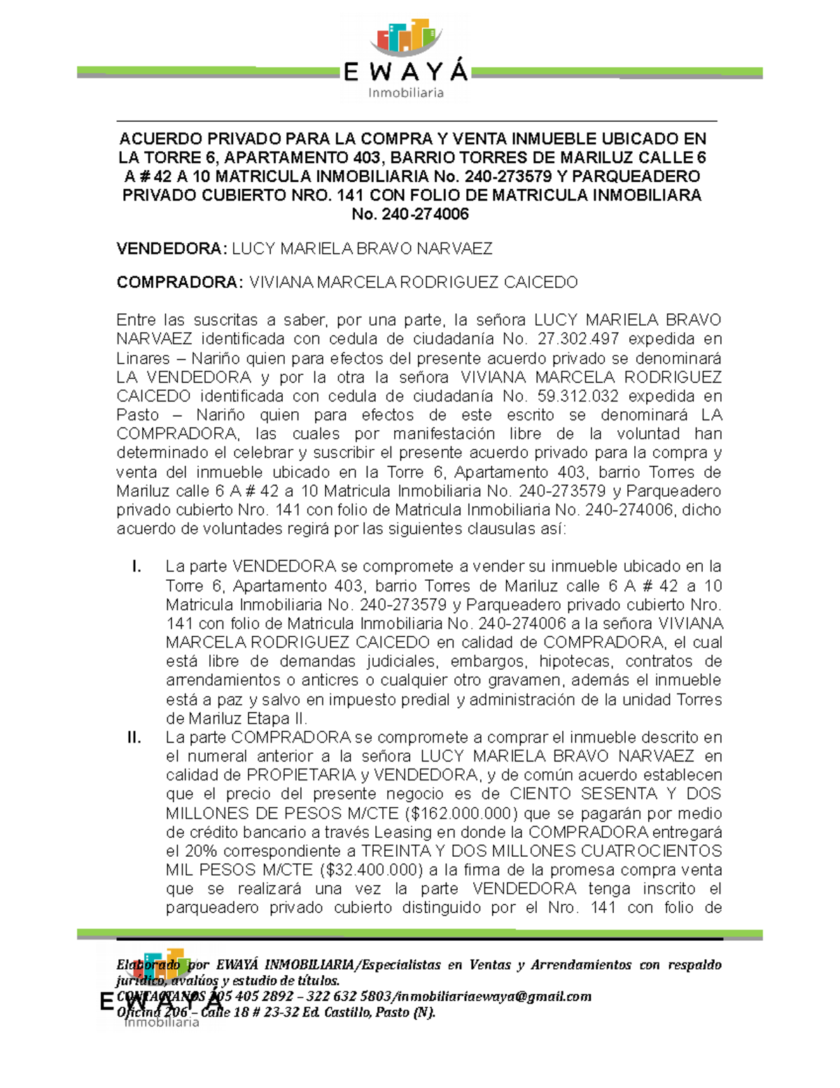 Acuerdo Privado PARA Compra Venta APTO 403 Torres DE Mariluz II - - Studocu
