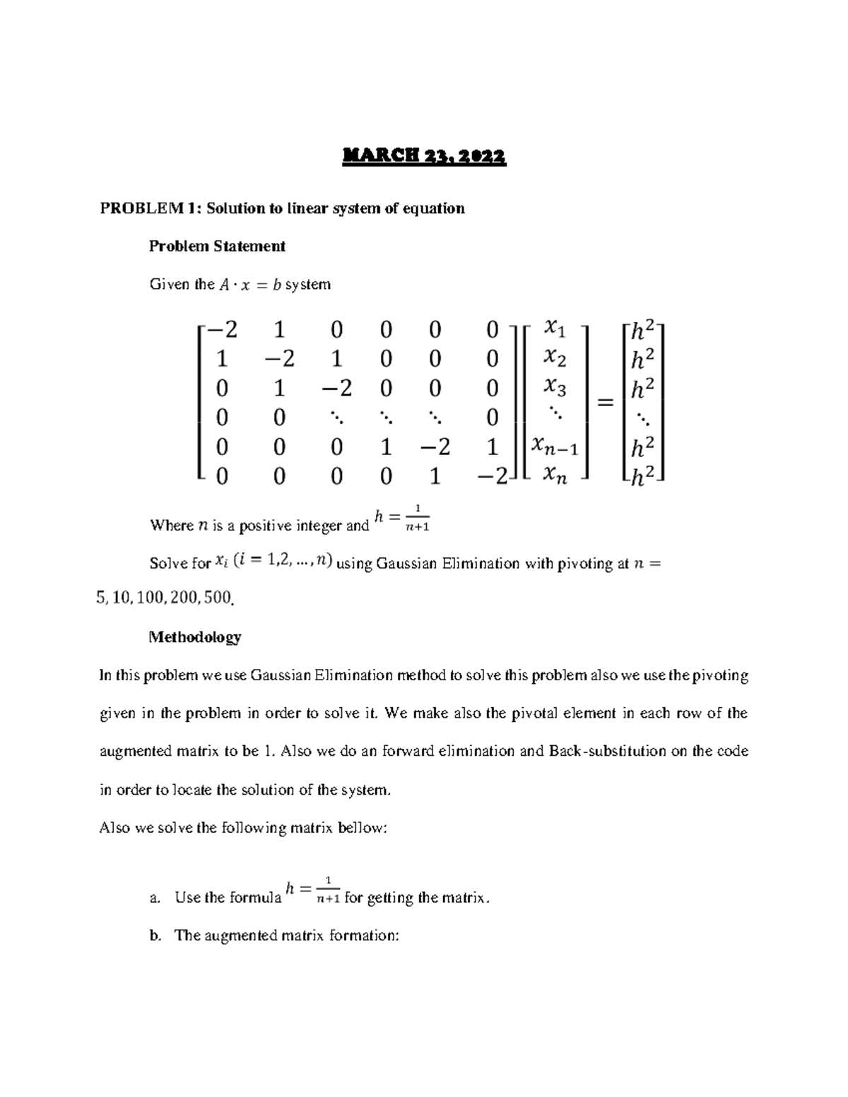 Solution to Linear System of Equation - MARCH 23, 2022 PROBLEM 1 ...