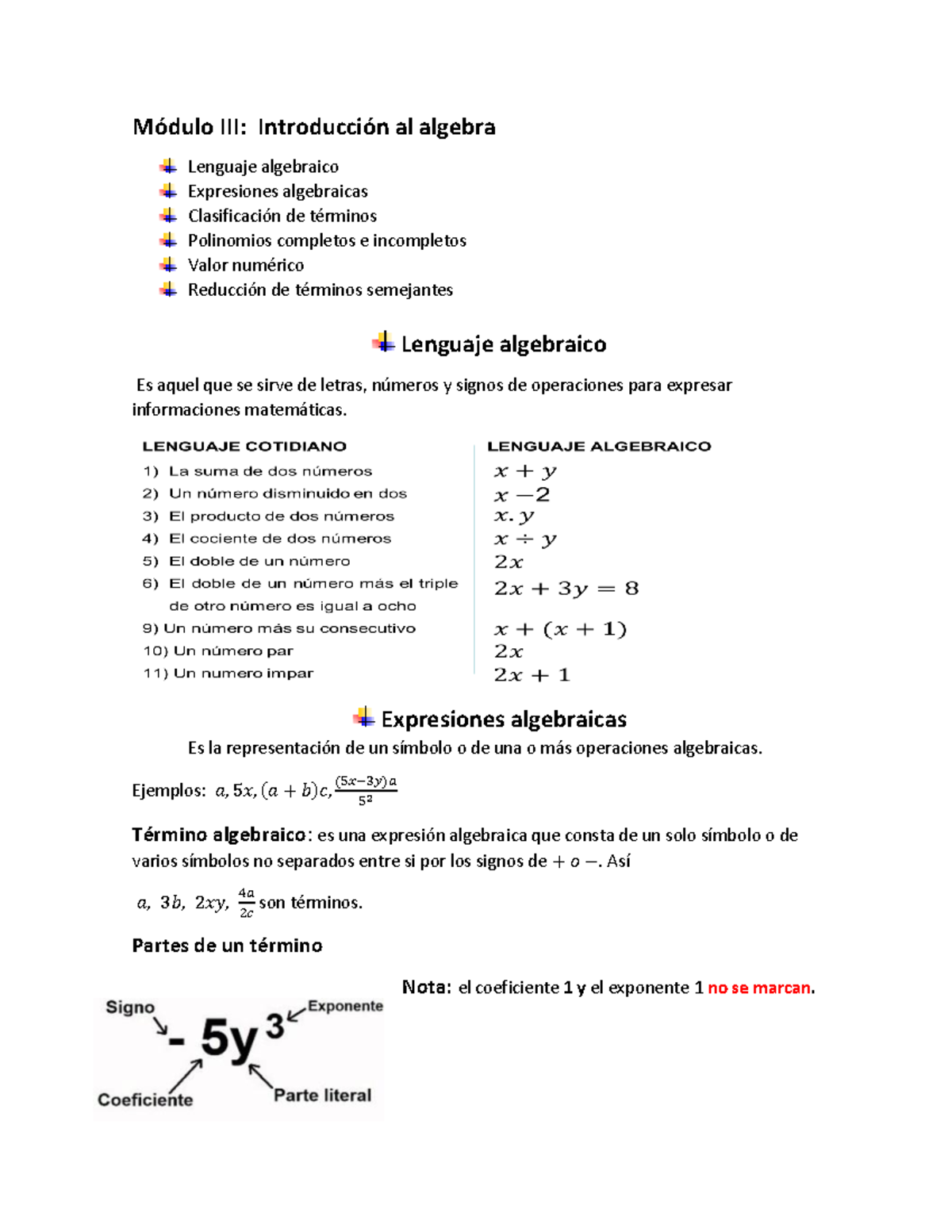 Mod. III introduccion al algebra - MÛdulo III: IntroducciÛn al algebra Lenguaje algebraico - Studocu