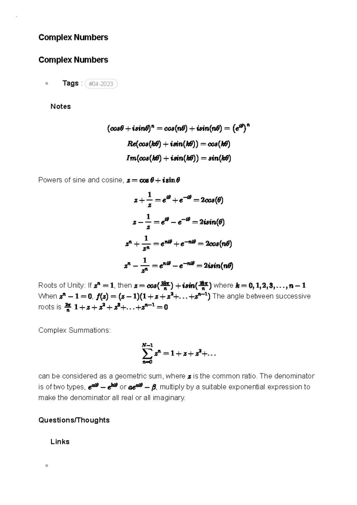Complex Numbers - Complex Numbers Complex Numbers 📝 Notes (cosθ + isinθ ...