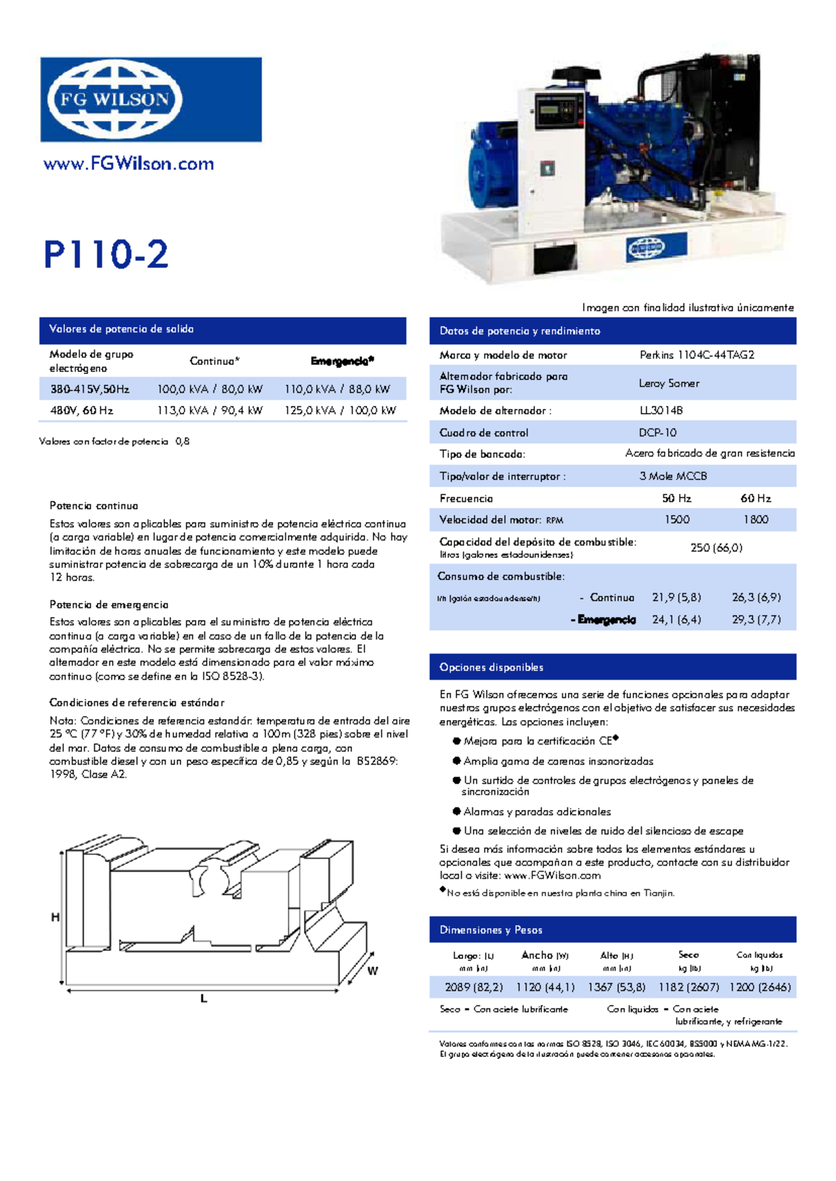 Ficha Tecnica P110-2 Grupo Wilson - Potencia continua Estos valores son aplicables para ...