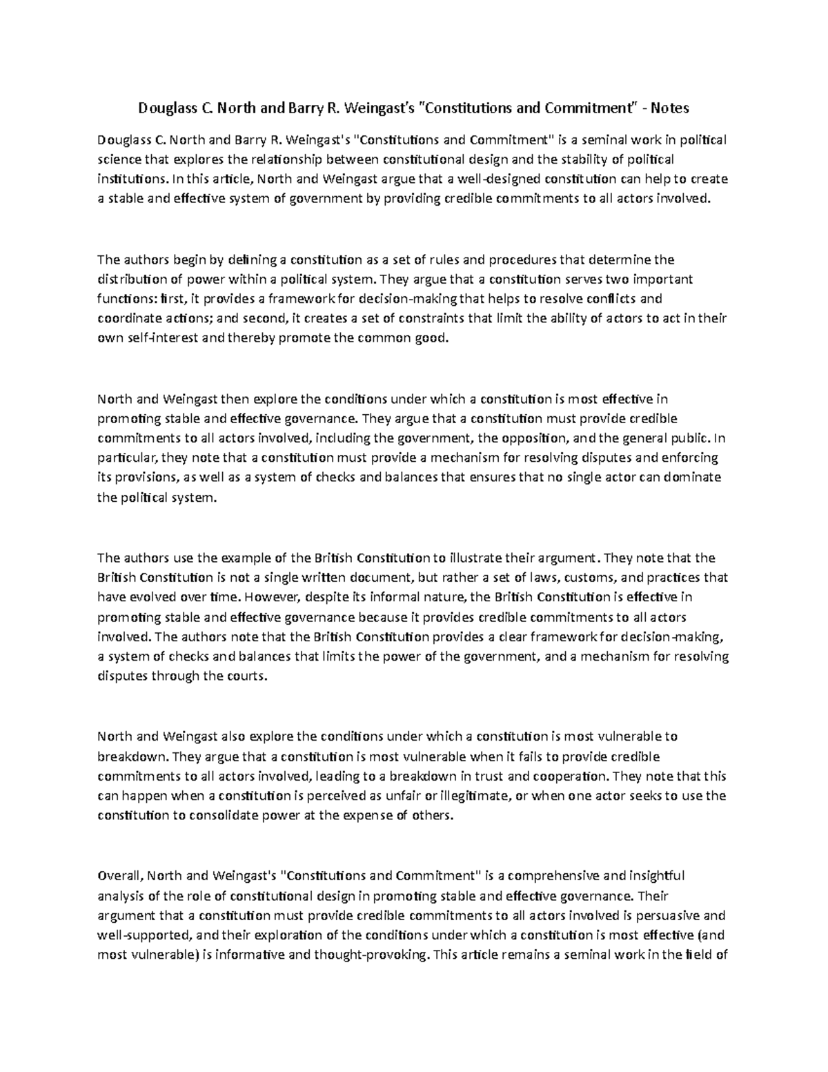 Constitutions and Commitment - Notes, Douglass and Barry - Douglass C ...