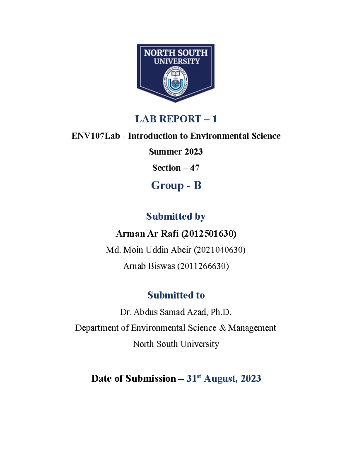 ENV 107L Report 1-1 - adasd - LAB REPORT – 1 ENV107Lab - Introduction to Environmental Science ...