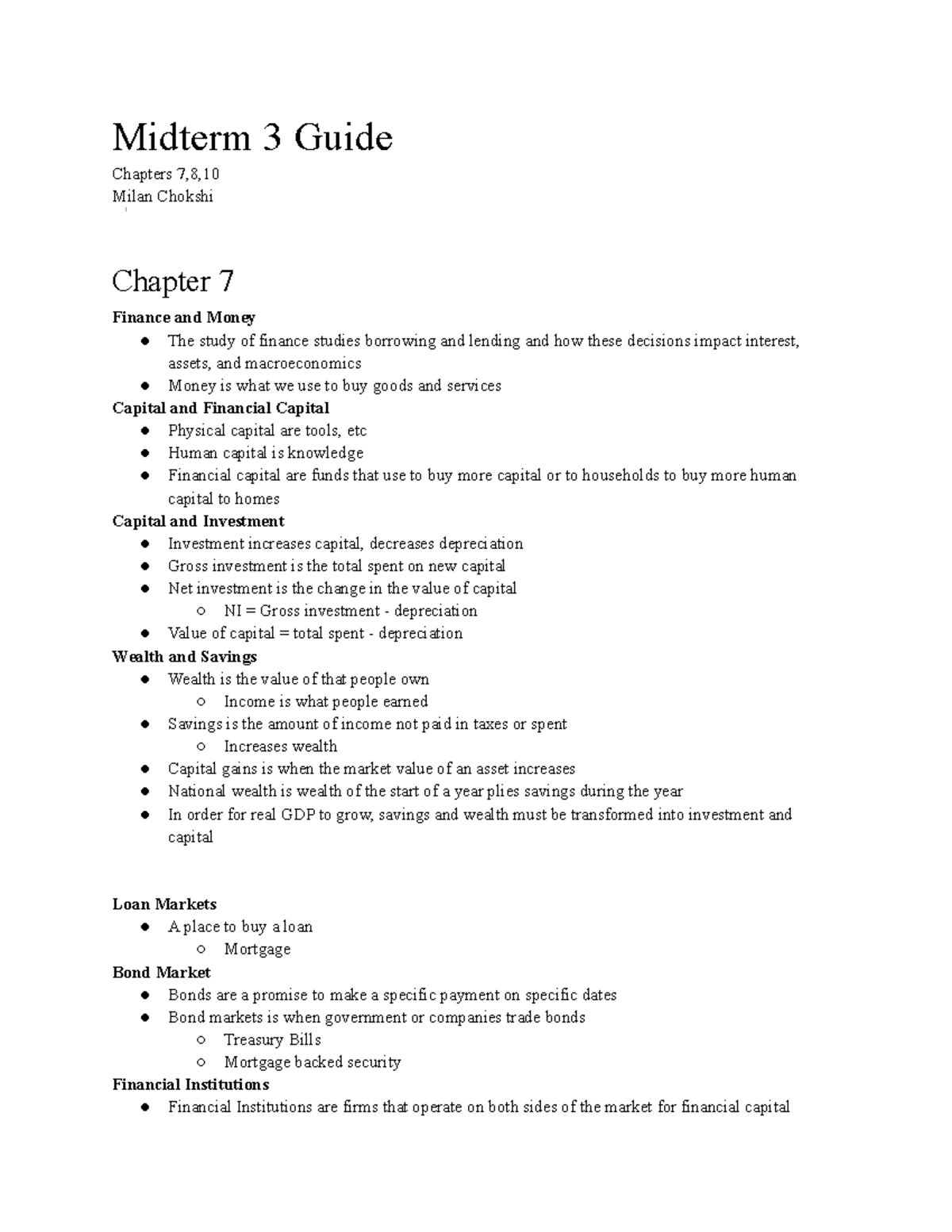 Midterm 3 Guide - Midterm 3 Guide Chapters 7,8, Milan Chokshi Chapter 7 Finance and Money The ...