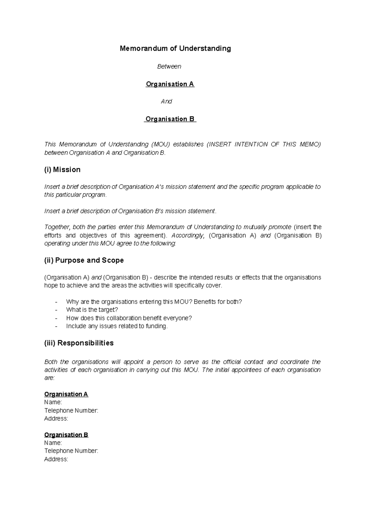 Memorandum of Understanding - (i) Mission Insert a brief description of ...
