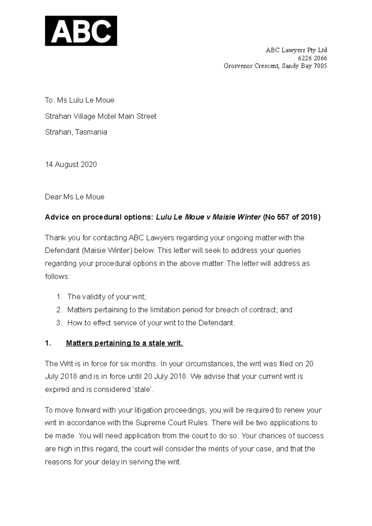 Letter of Advice tute 2 final - ABC Lawyers Pty Ltd 6226 2066 Grosvenor ...