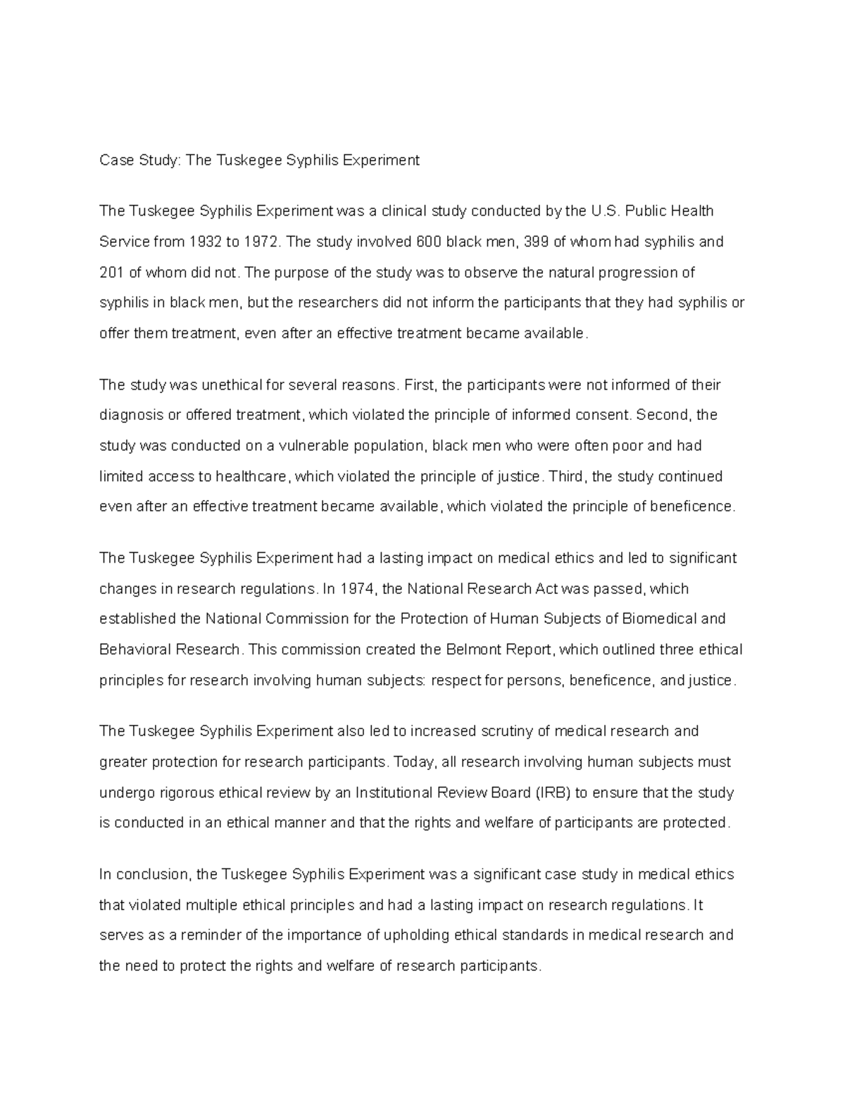 Case Study The Tuskegee Syphilis Experiment - Public Health Service ...