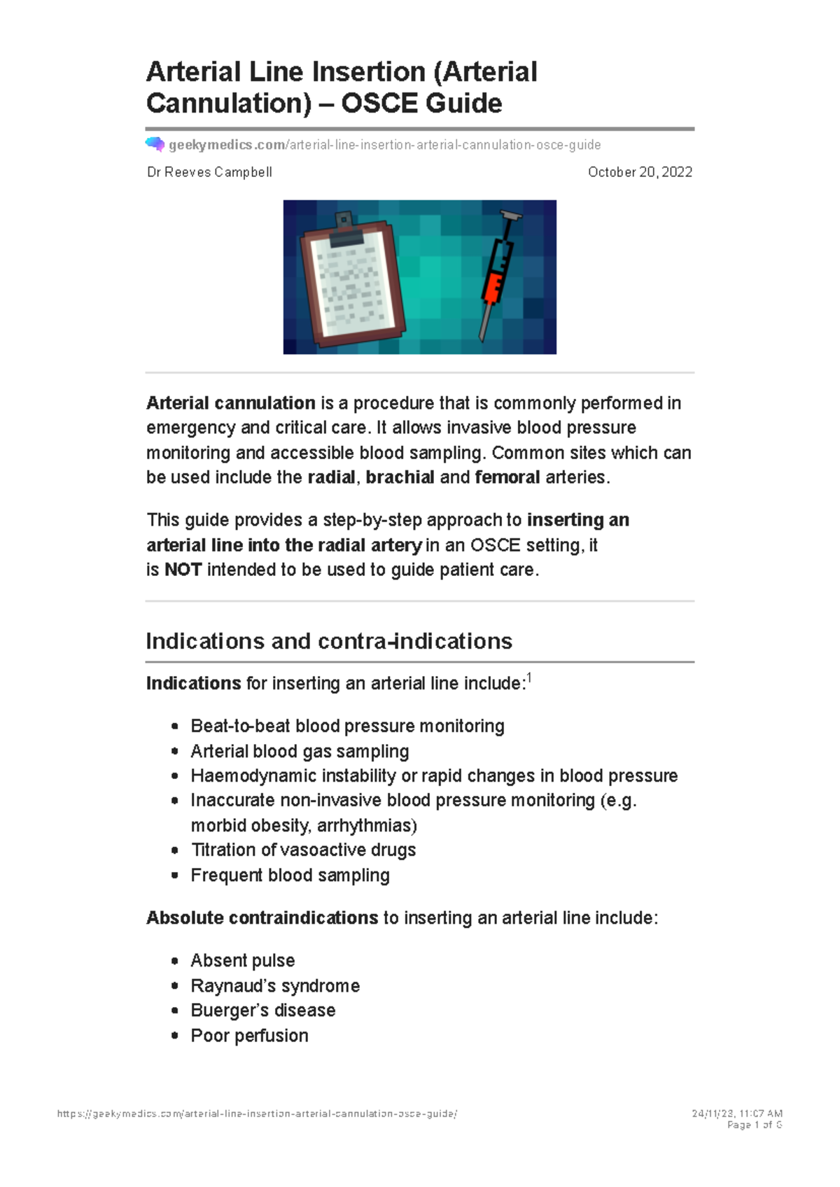 Arterial Line Insertion (Arterial Cannulation) - OSCE Guide Geeky Medics - Dr Reeves Campbell ...