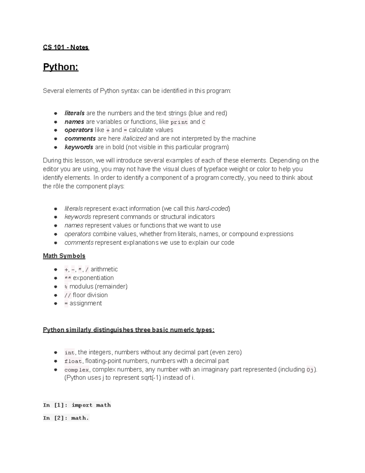 CS101 Notes - CS 101 - Notes Python: Several elements of Python syntax ...