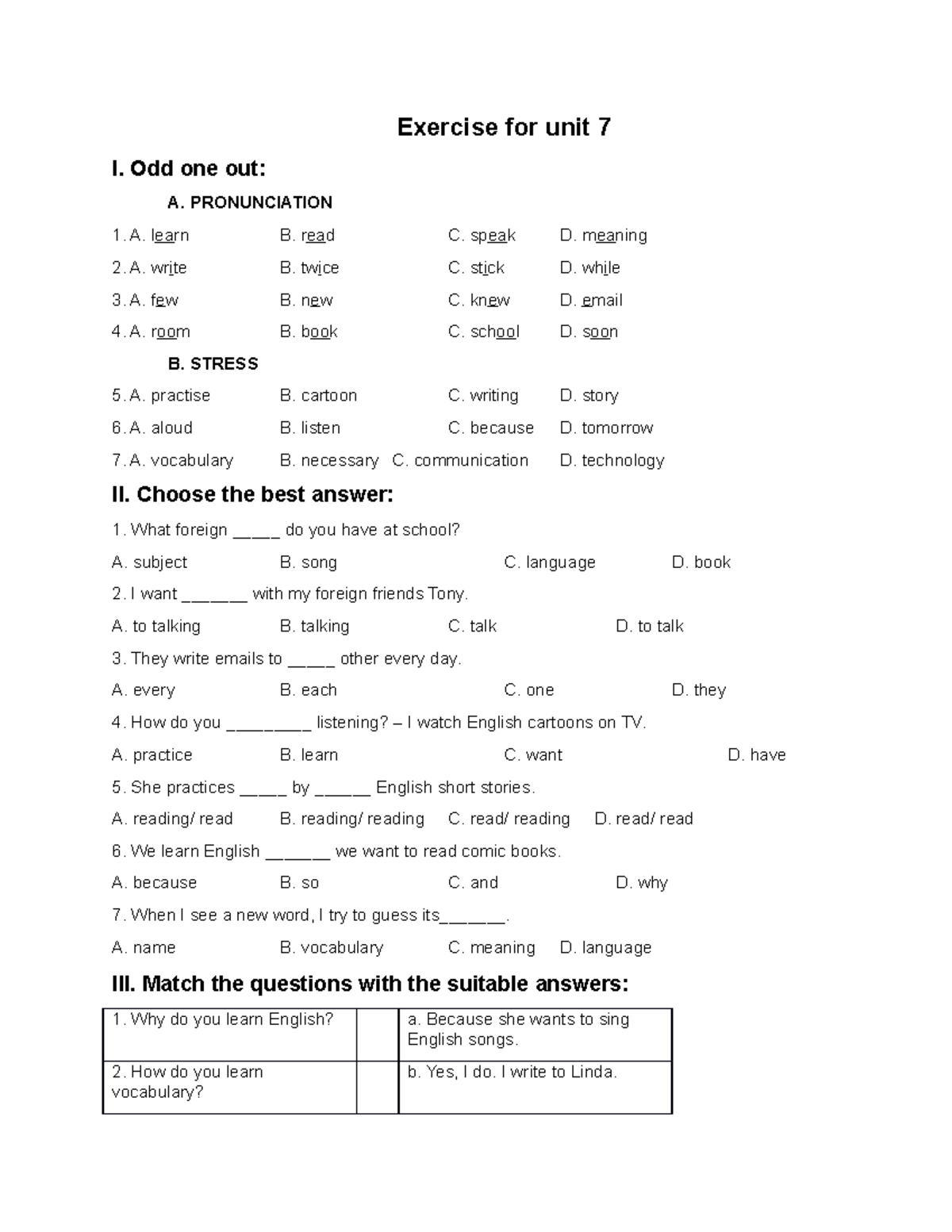 Exercise for unit 7 grade 5 - Exercise for unit 7 I. Odd one out: A ...