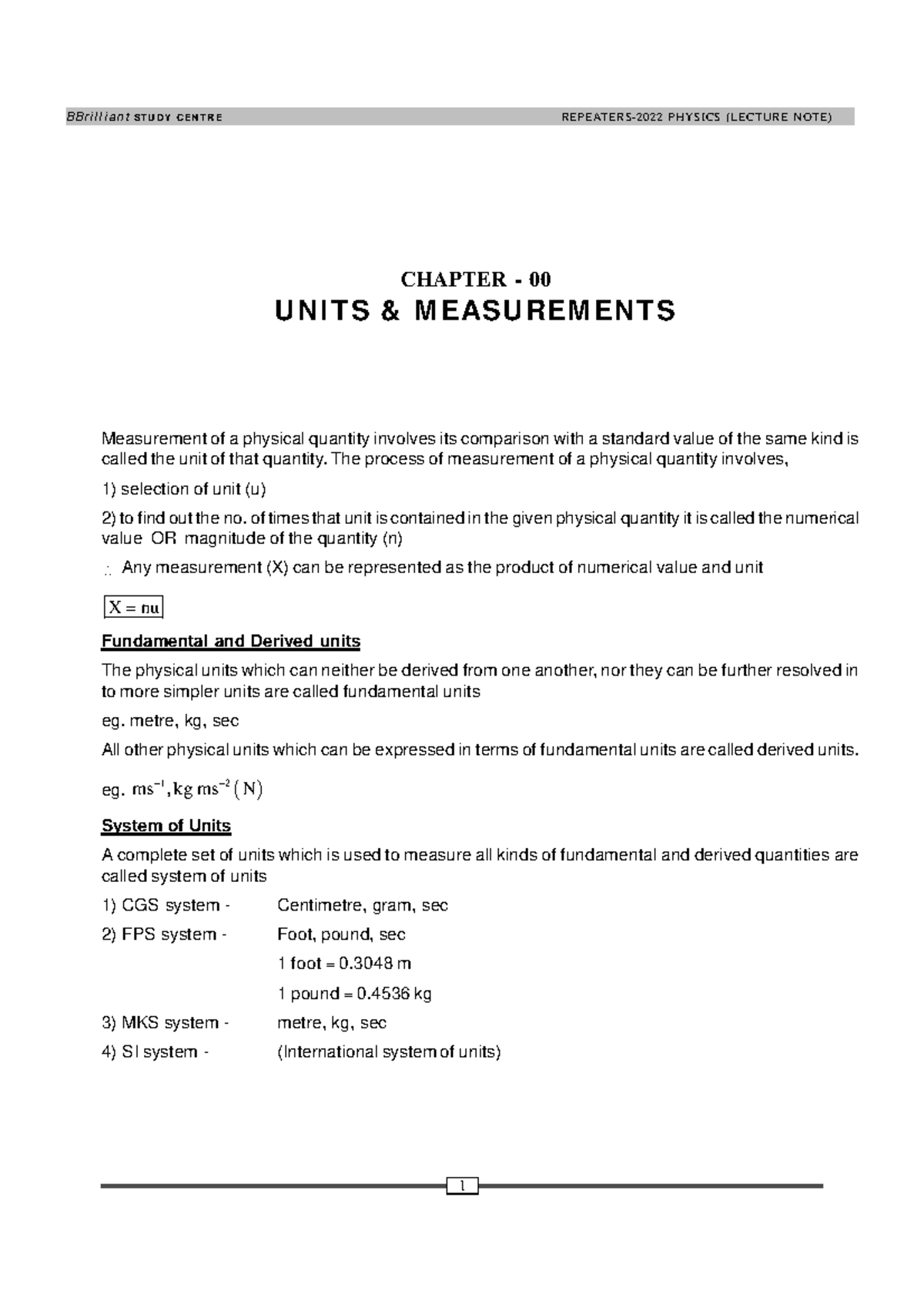 Units and measurment lecture note - CHAPTER - 00 U N I T S & M EASU REM ...