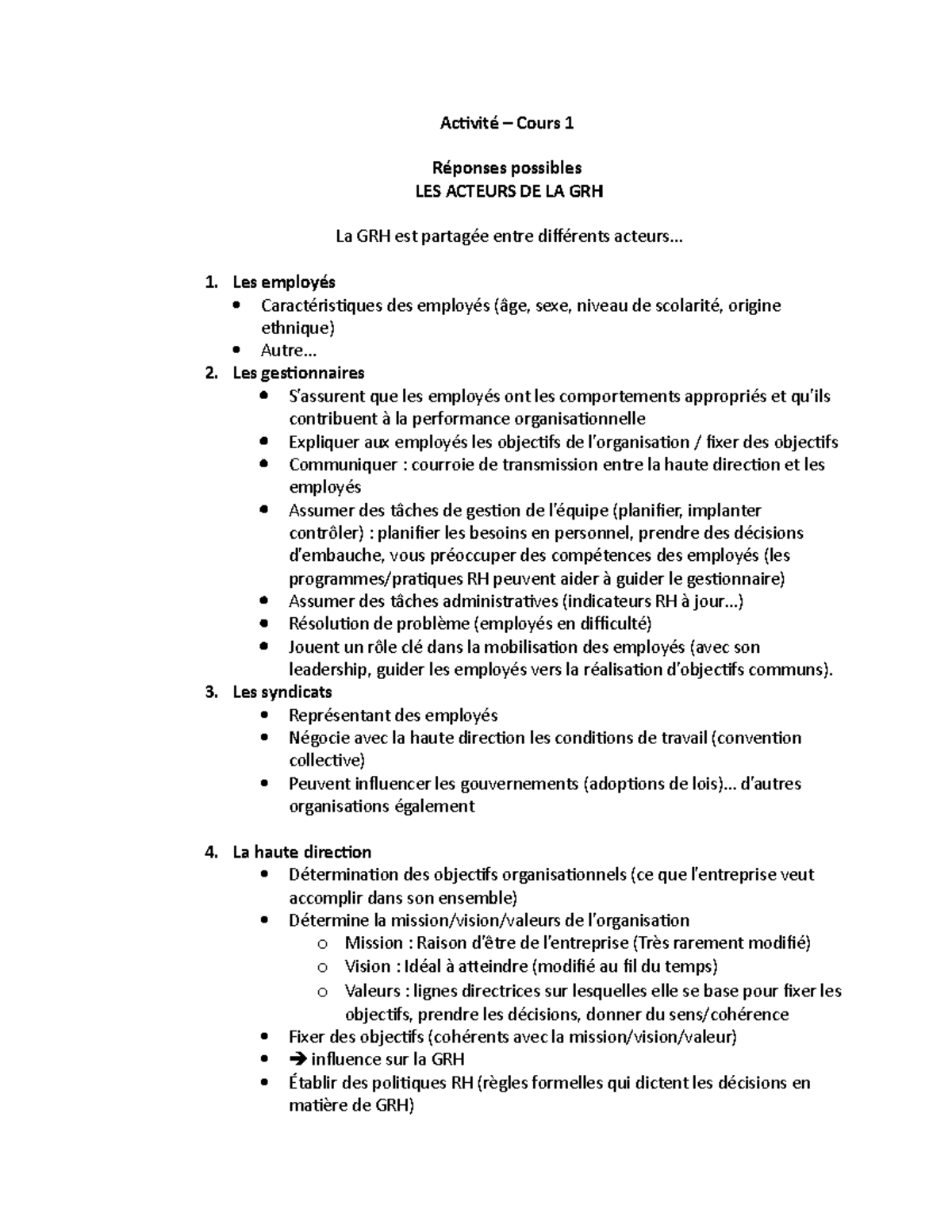 Activité role GRH - human ressources homework in french - Activité ...