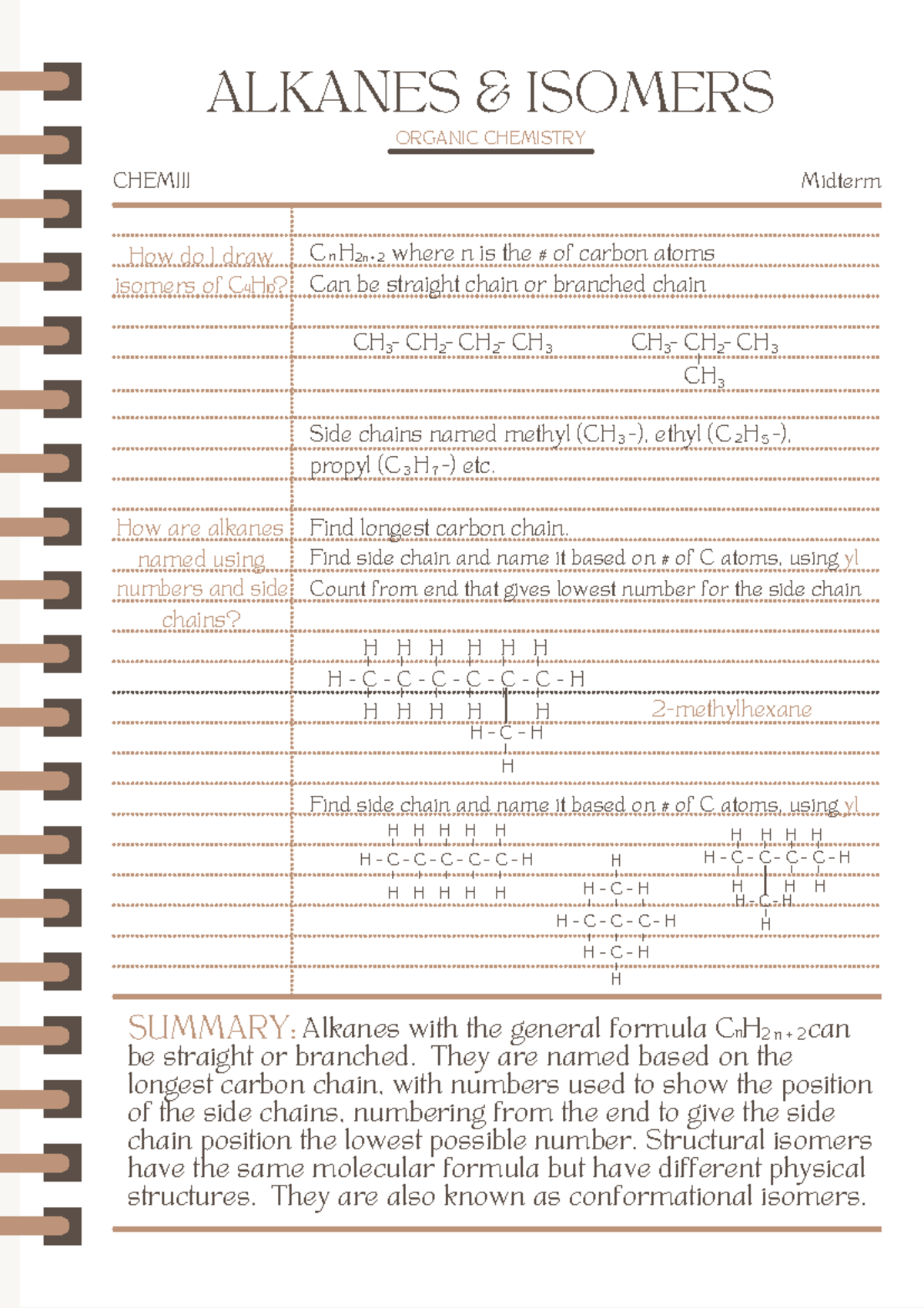 Activity Cornell Notes - CHEM111 Midterm ORGANIC CHEMISTRY ALKANES ...