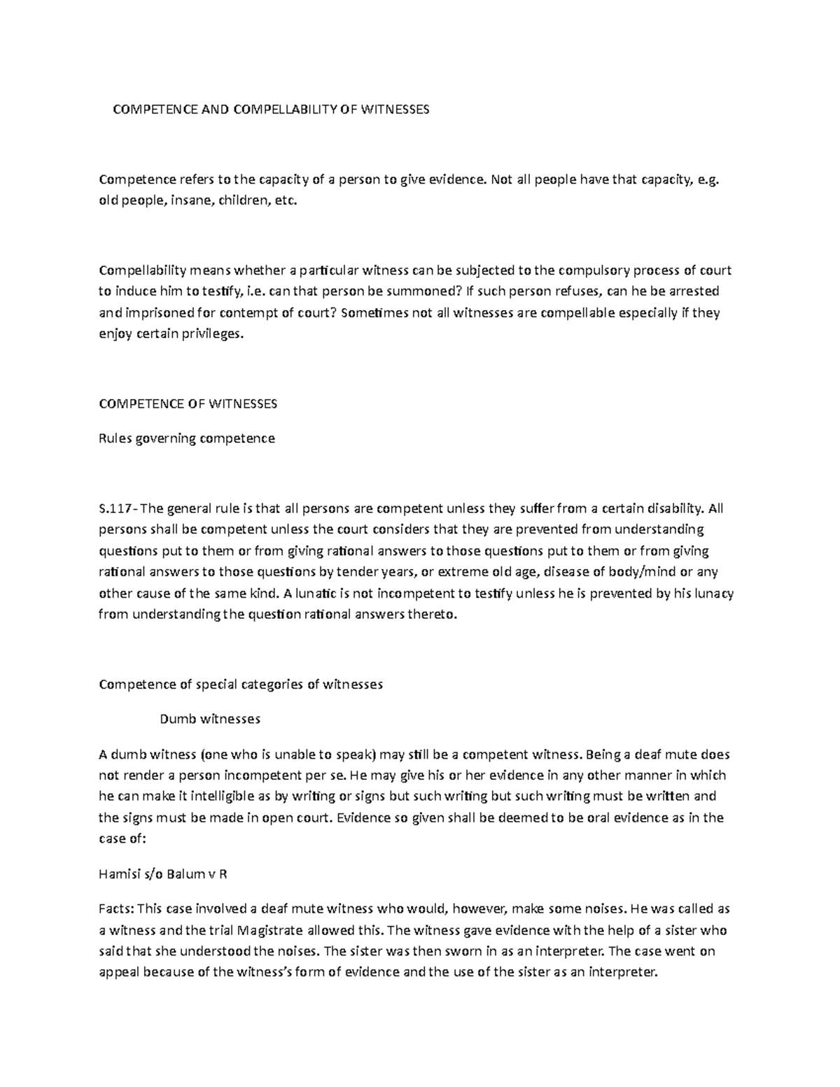 Competence of witnesses - COMPETENCE AND COMPELLABILITY OF WITNESSES ...