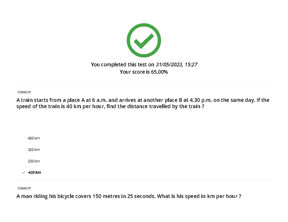 Aptitude Aptitude Test on Time, Speed and Distanc - You completed this ...