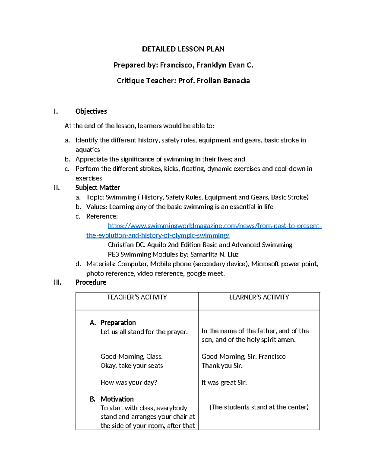 Detailed Lesson Plan Francisco Franklyn Evan HPE 2 Swimming topic - DETAILED LESSON PLAN ...