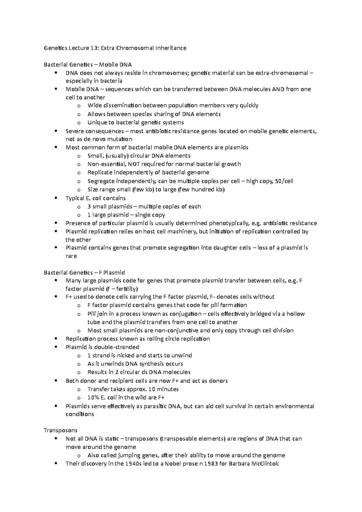 Lecture 13 Notes Extra Chromosomal Inheritance Genetics Lecture 13