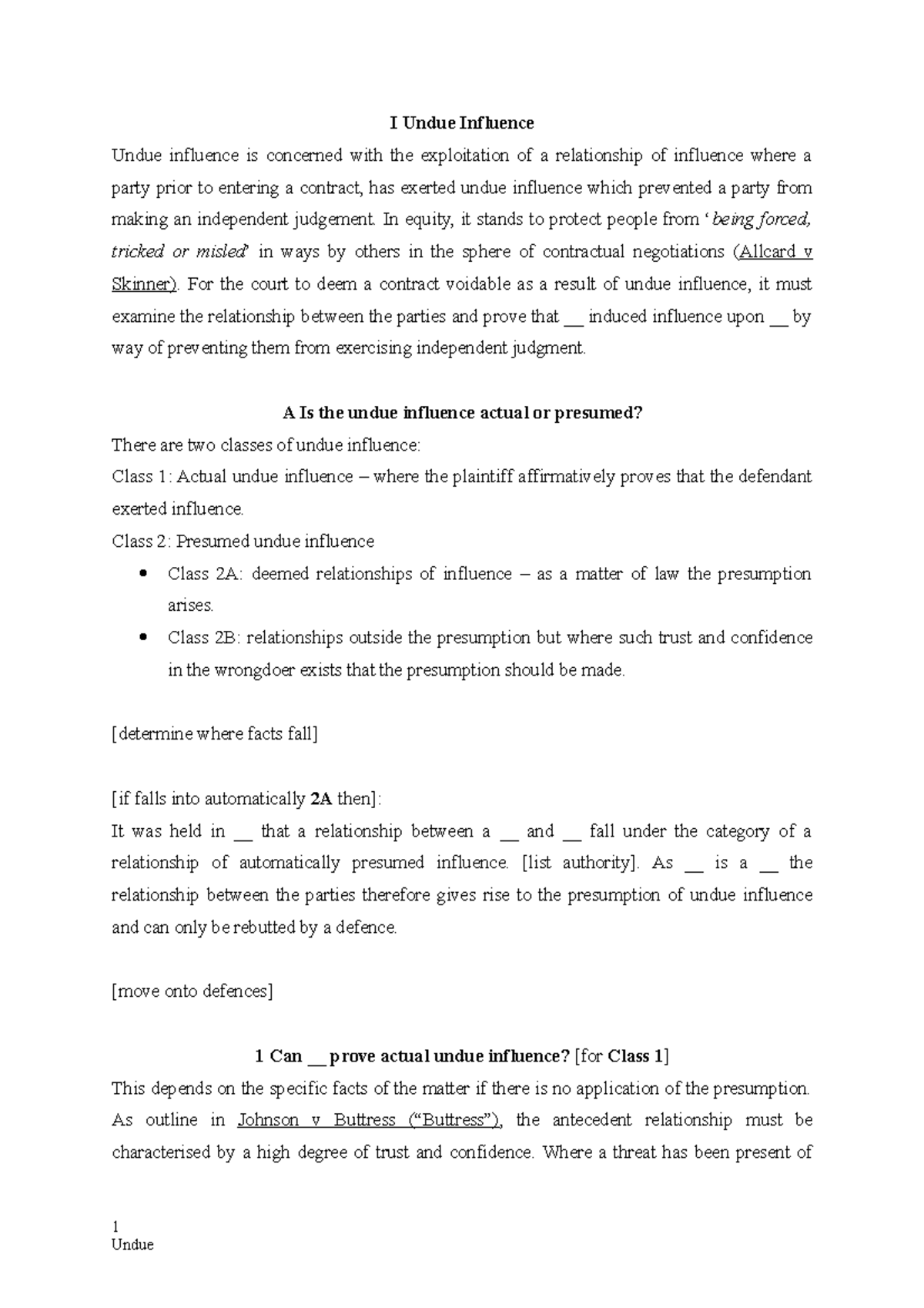 Undue Influence Checklist - I Undue Influence Undue influence is ...